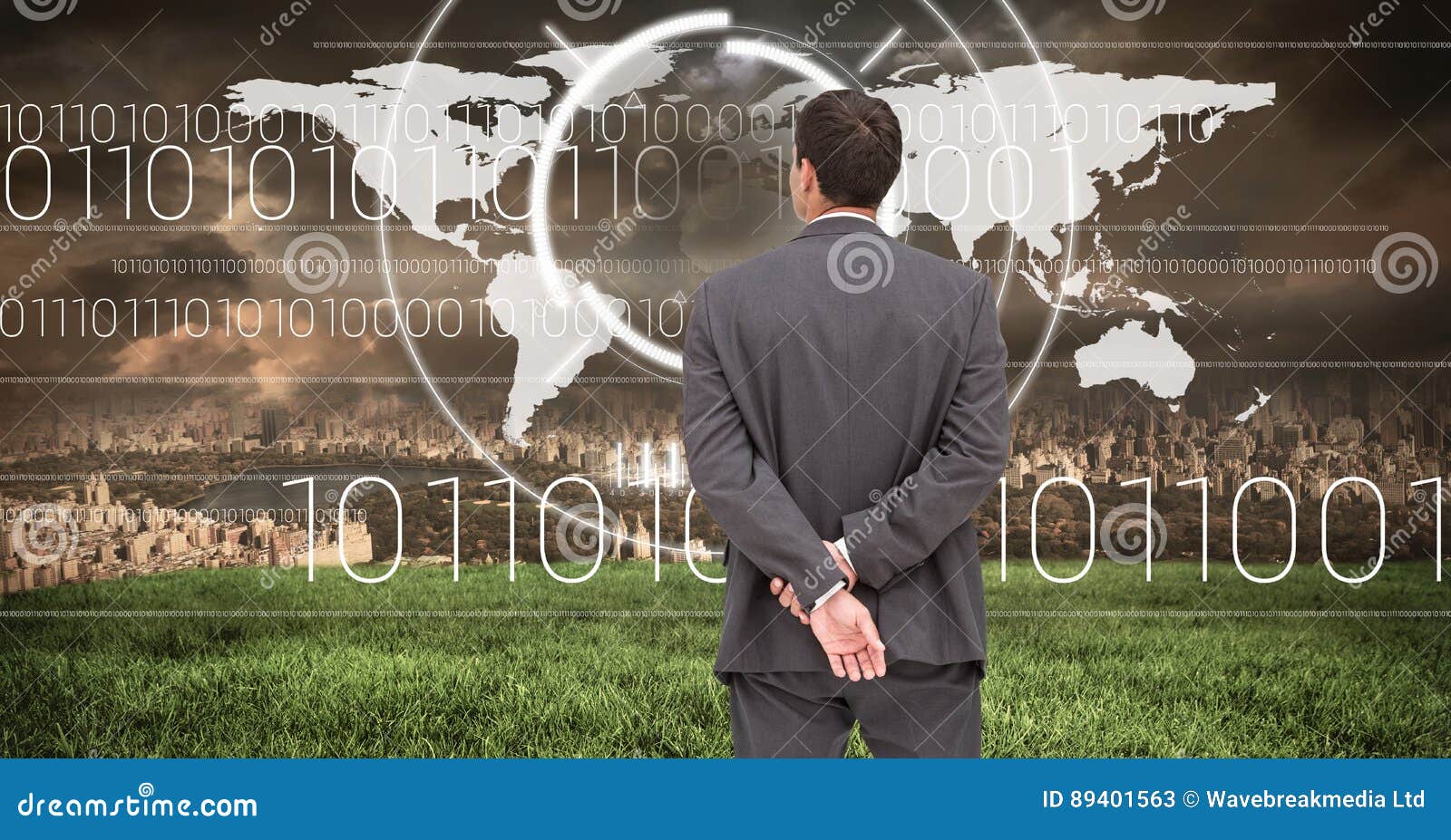 Businessman Looking at City with World Map Interface Stock Image ...