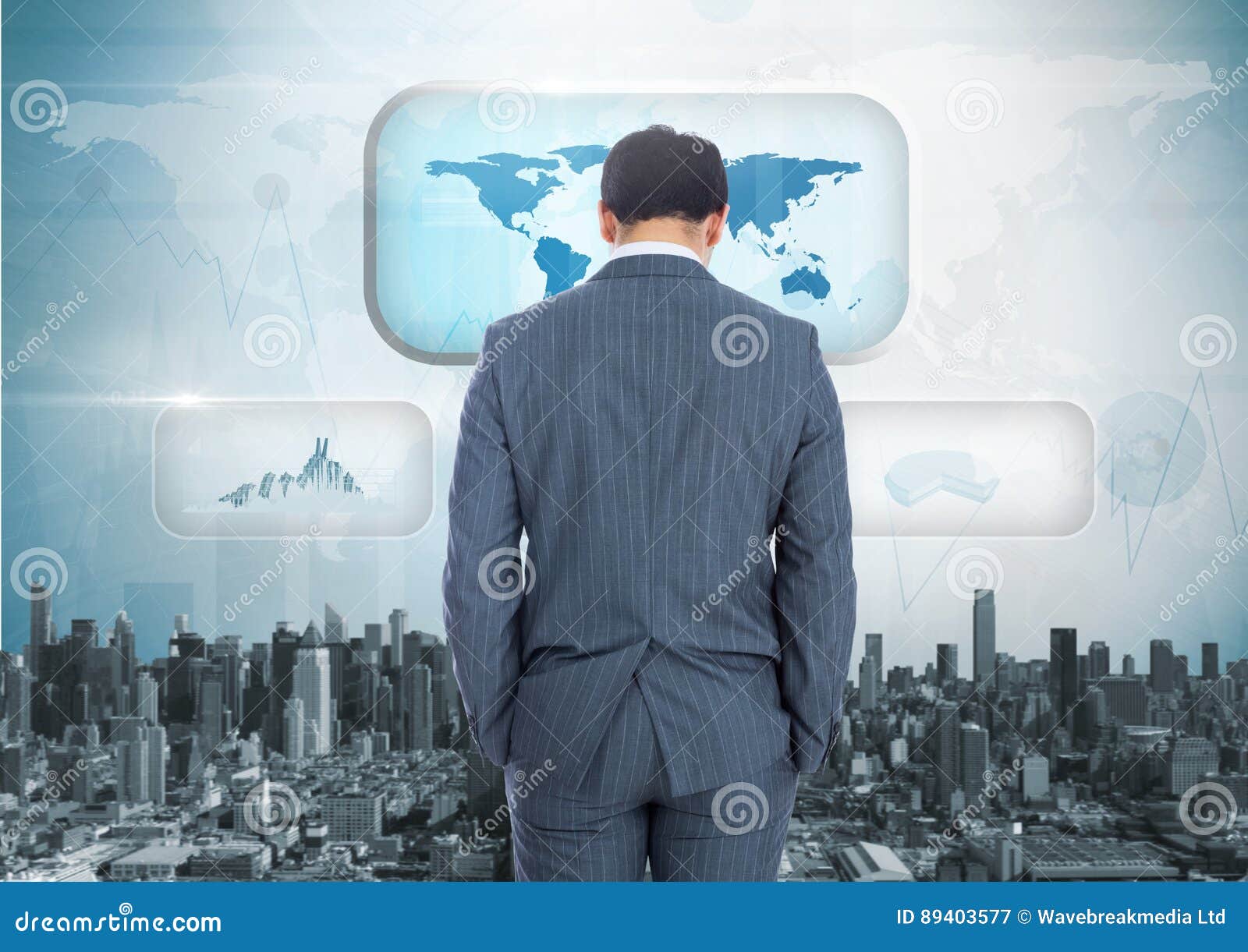 Businessman Looking at City with World Map Interface Stock Image ...
