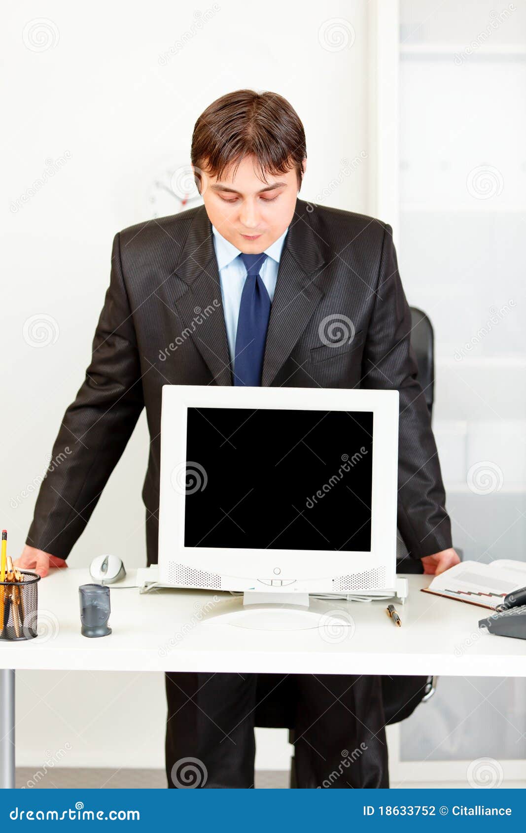 Businessman Looking in Monitors Blank Screen Stock Photo - Image of ...