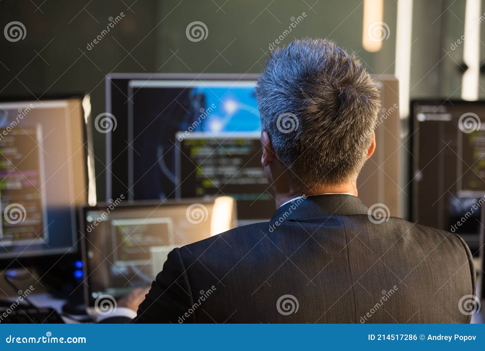 Businessman Looking at Multiple Computer Screens Stock Photo - Image of ...