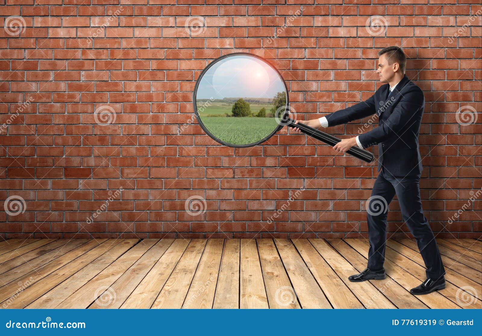Businessman Looking at Red Brick Wall through a Magnifier and Seeing ...
