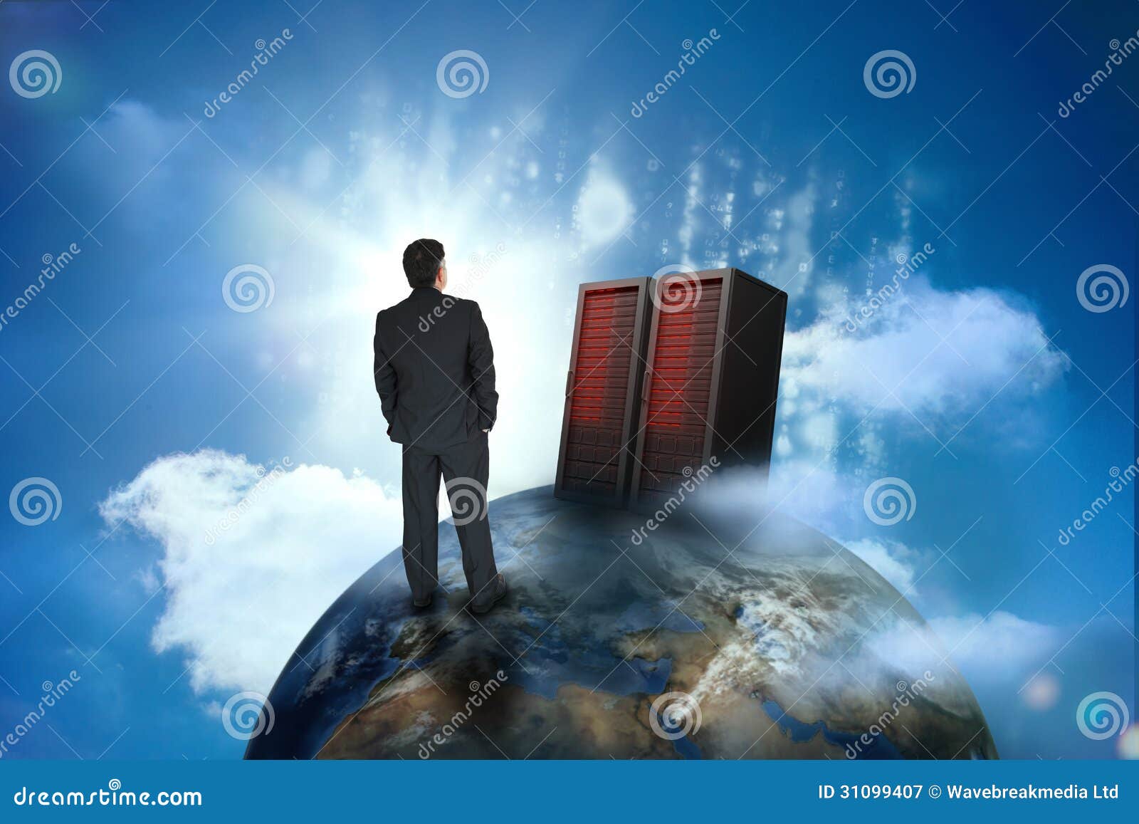 Businessman Looking at Servers on Top of World Stock Image - Image of ...