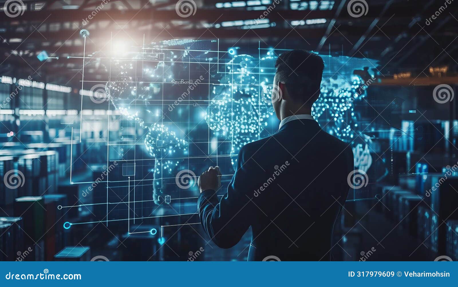 A Businessman Looking at the Virtual Interface Panel of the Global ...