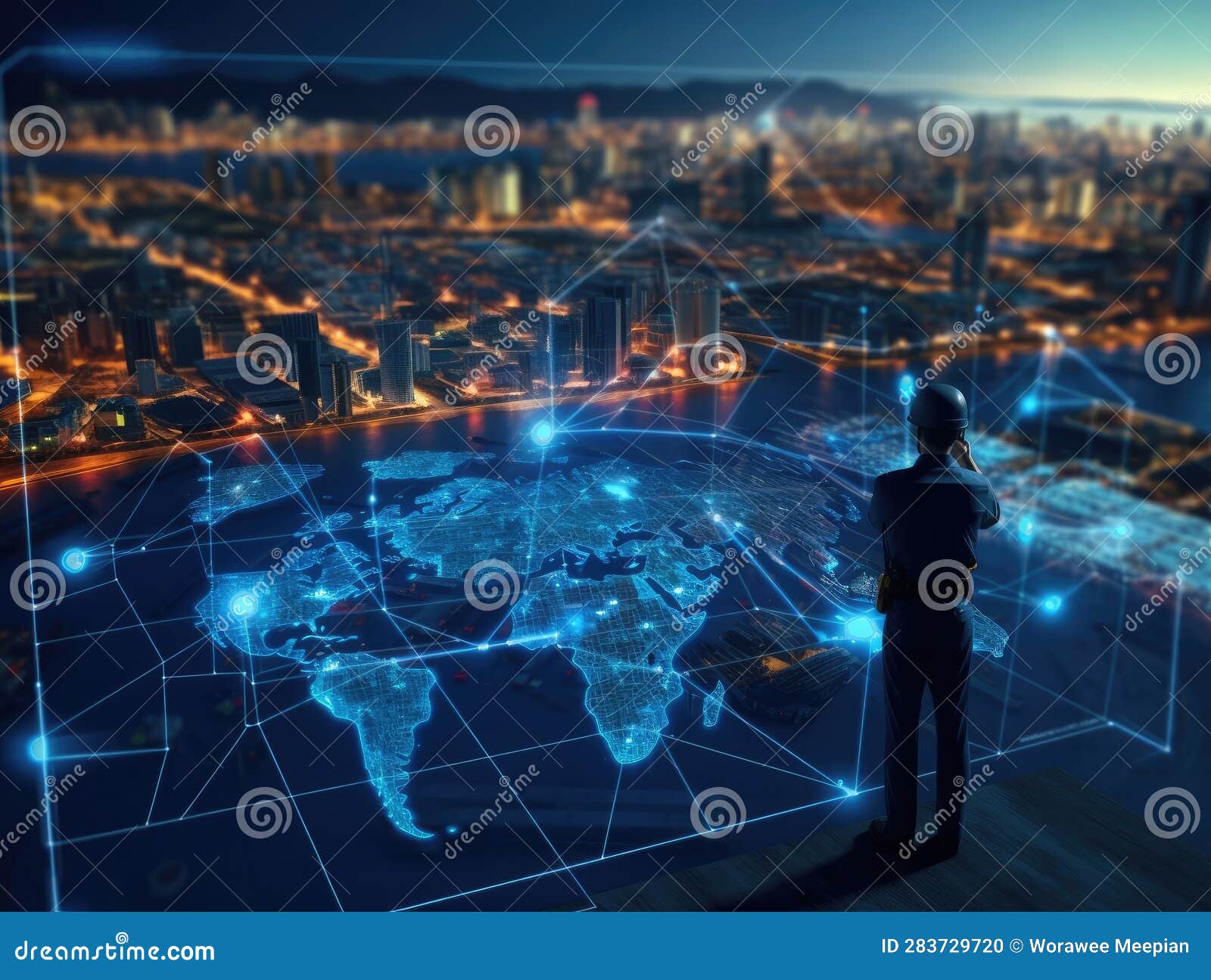 A Businessman Looking at the Virtual Interface Panel of the Global ...