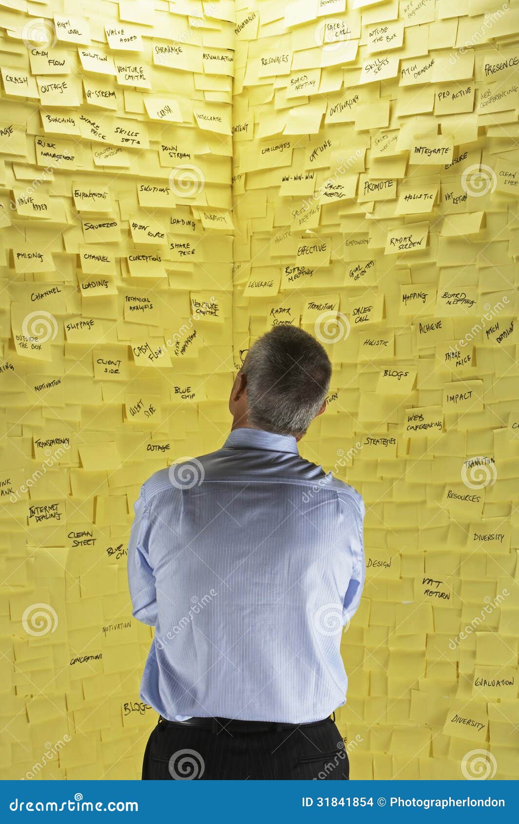 Businessman Looking at Wall Covered in Sticky Notes Stock Photo - Image ...