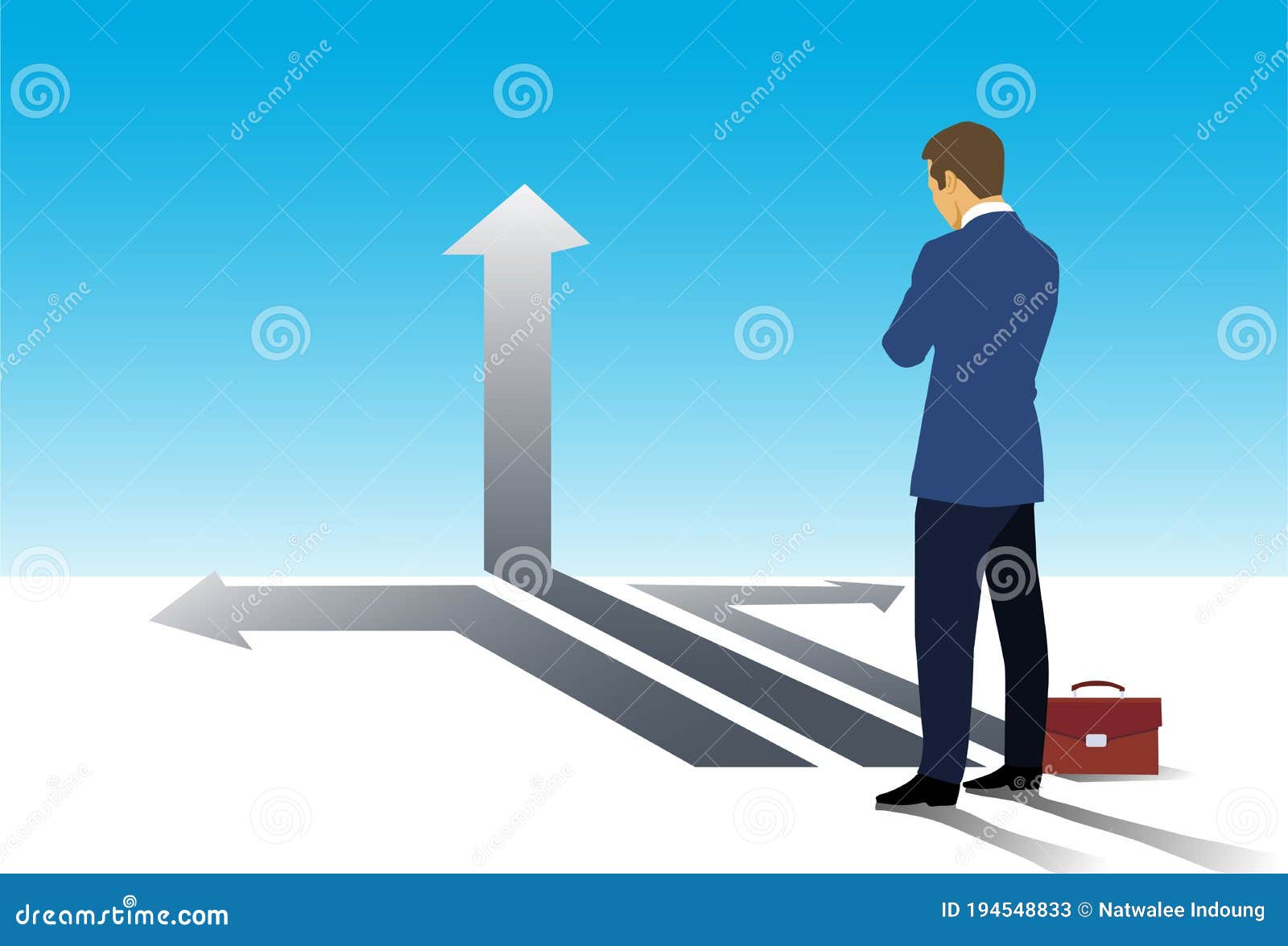 A Businessman Looks At Arrows Pointing To Many Directions Stock Vector
