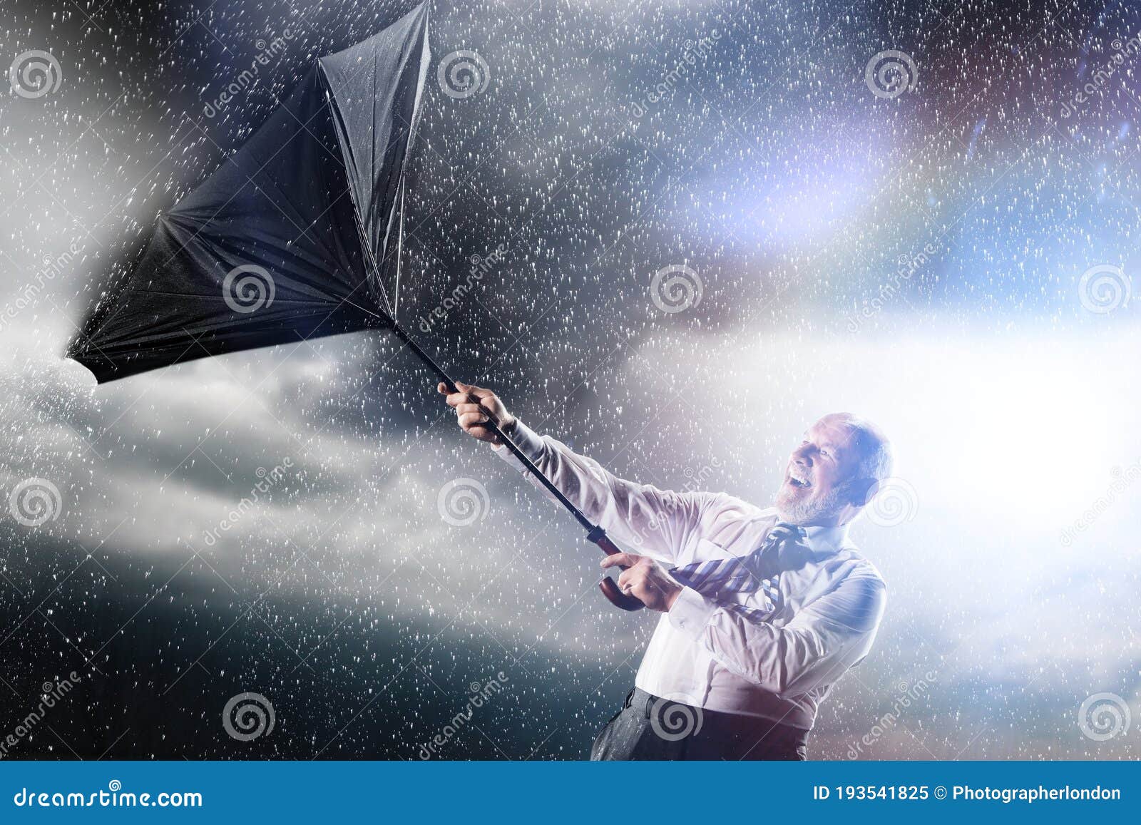 Businessman Losing Control of Inside Out Umbrella Stock Image - Image ...