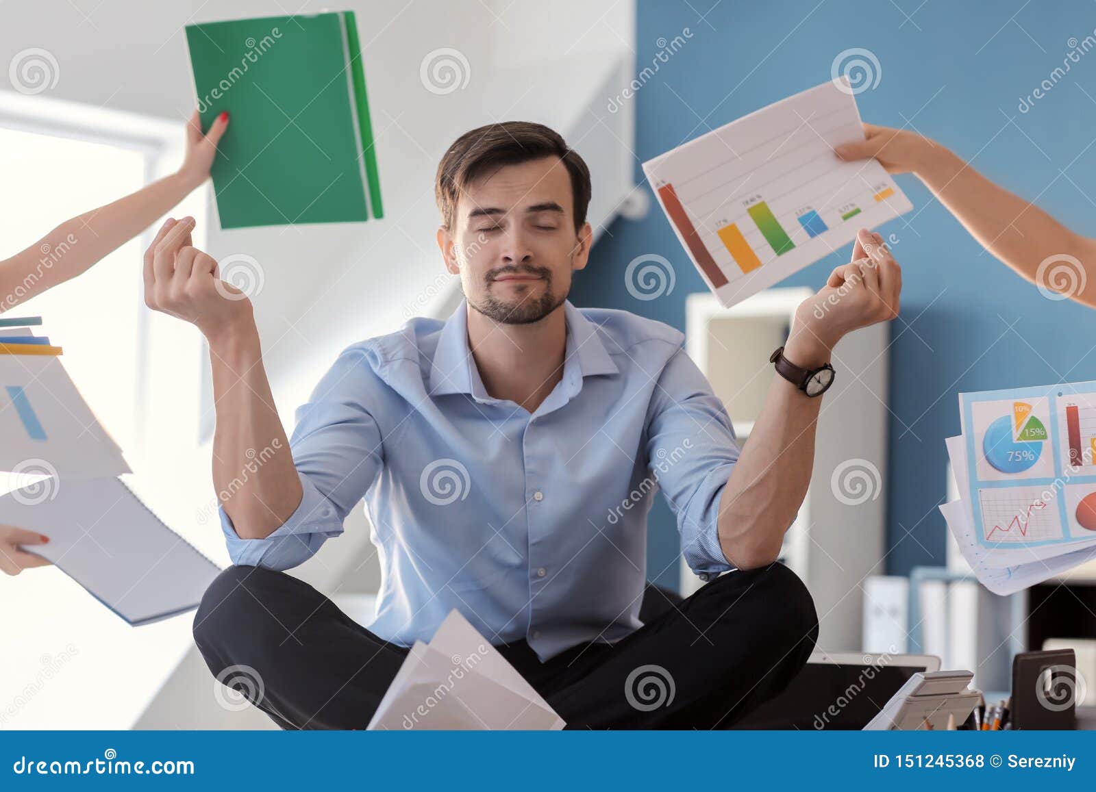 Businessman with a Lot of Work To Do Meditating in Office Stock Photo ...