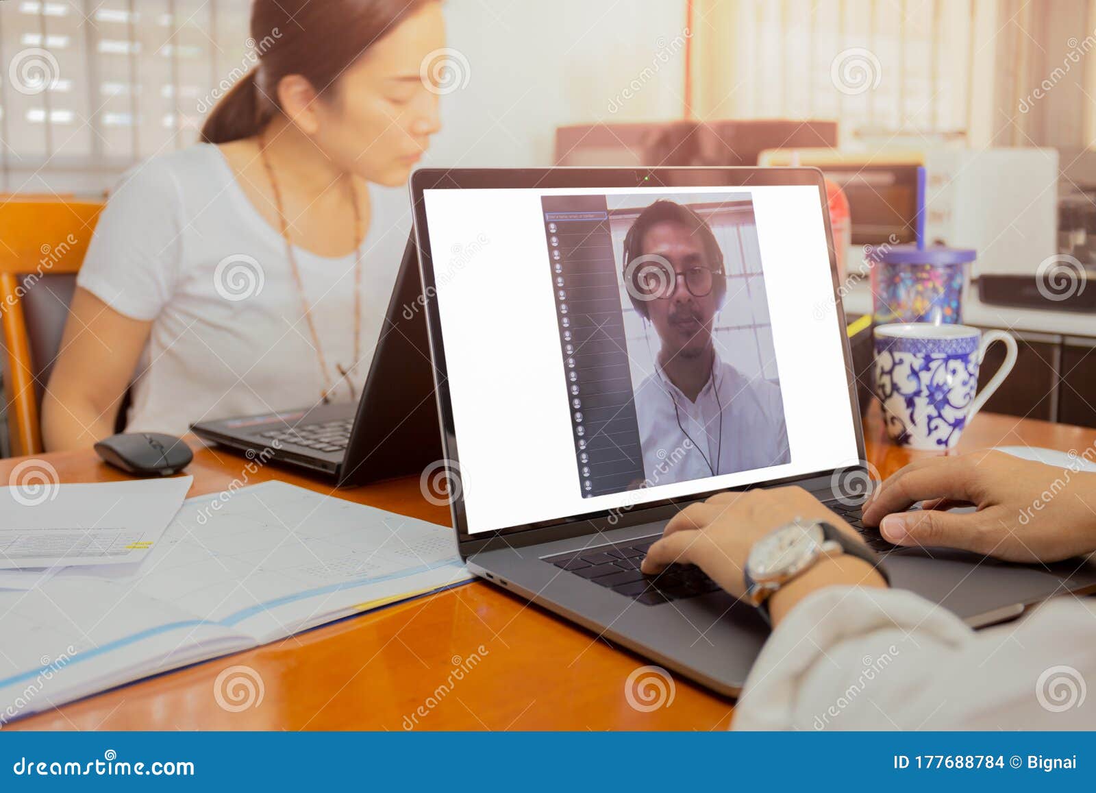 Businessman Making Video Conference Using Laptop Prevent Covid-19 ...