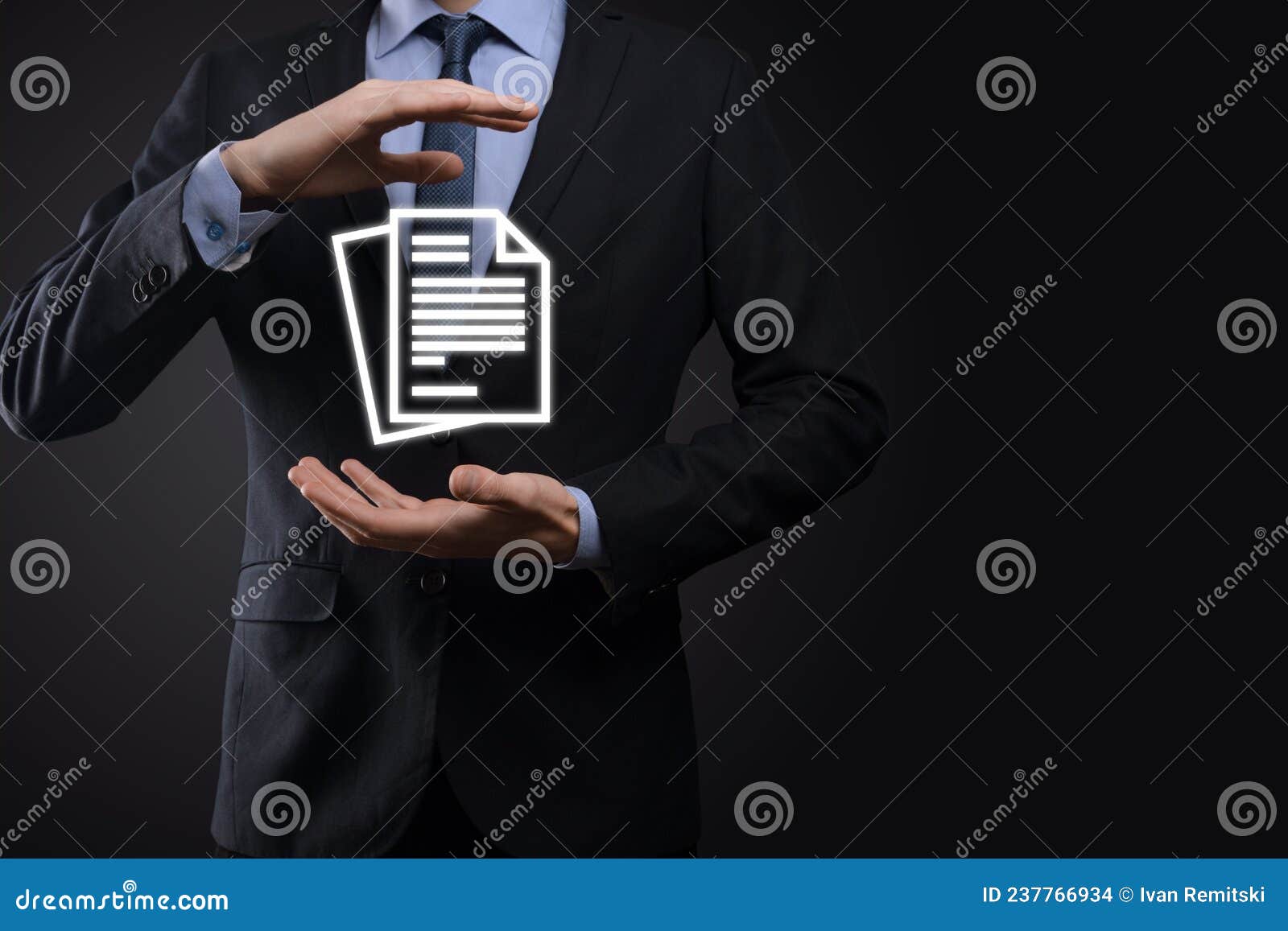 Businessman Man Holding a Document Icon in His Hand Document Management ...