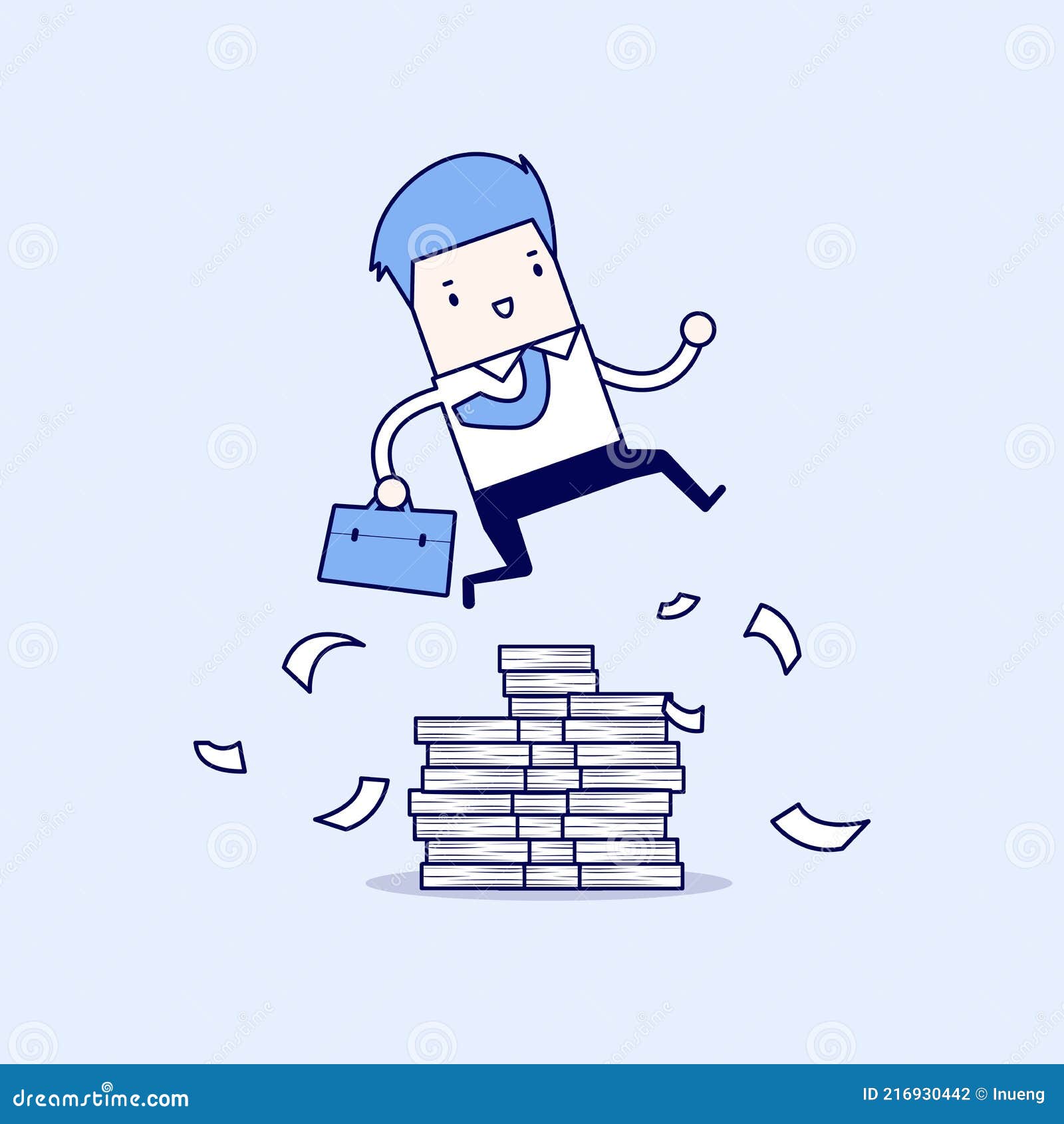 Businessman or Manager Jumping Over Obstacles. Large Stack of Documents ...