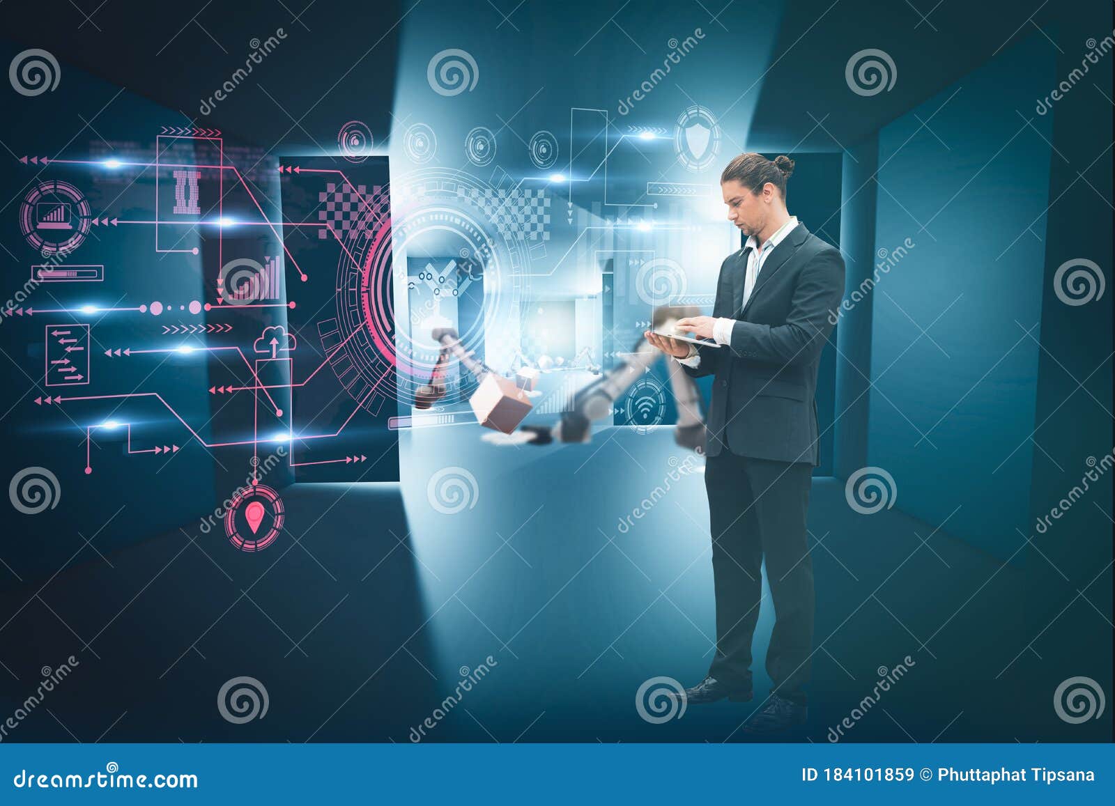 Businessman Manager Use Tablet with Interface Screen Display ...