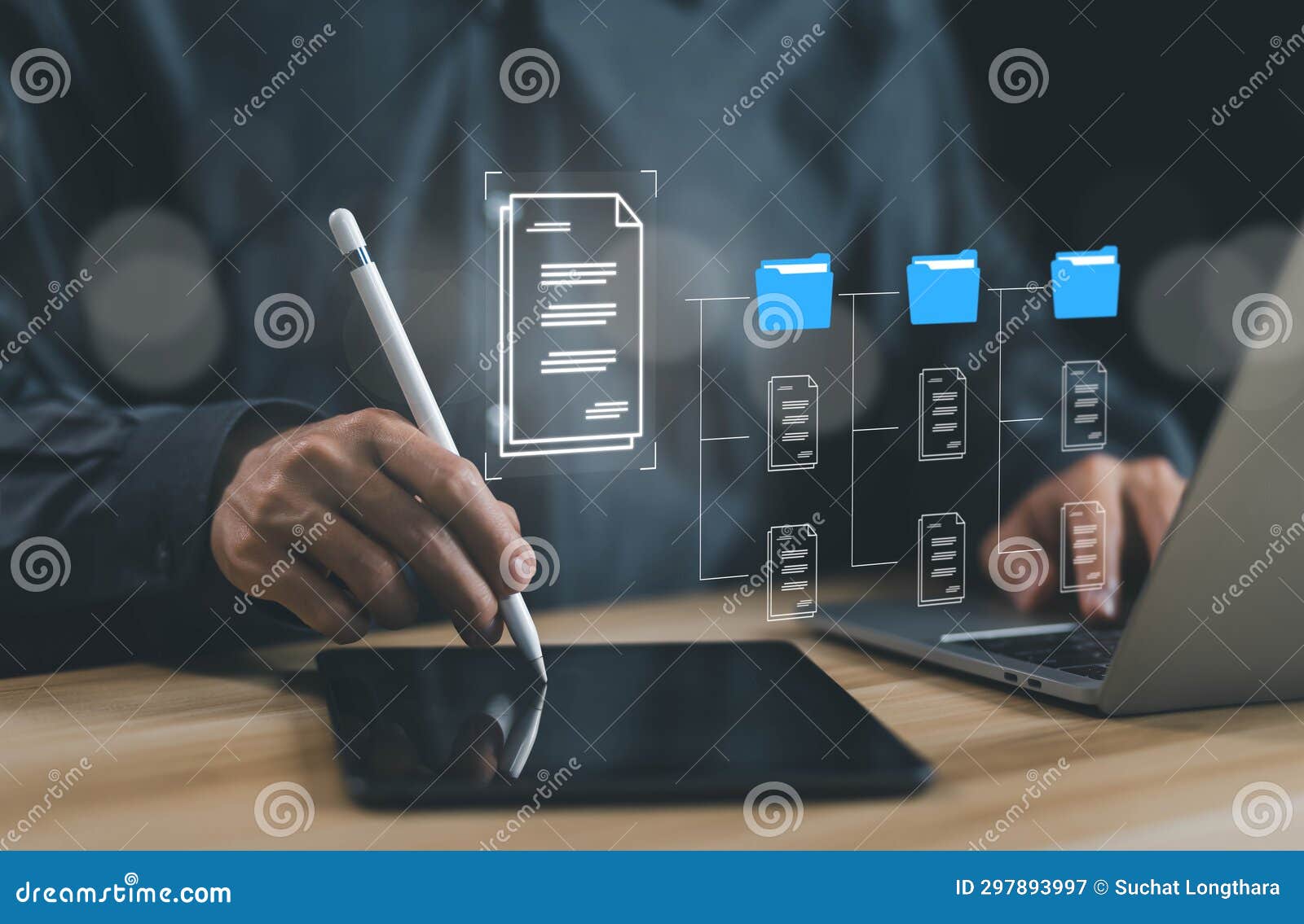 Businessman Manages Data Document Electronic Files Digital on a Laptop ...