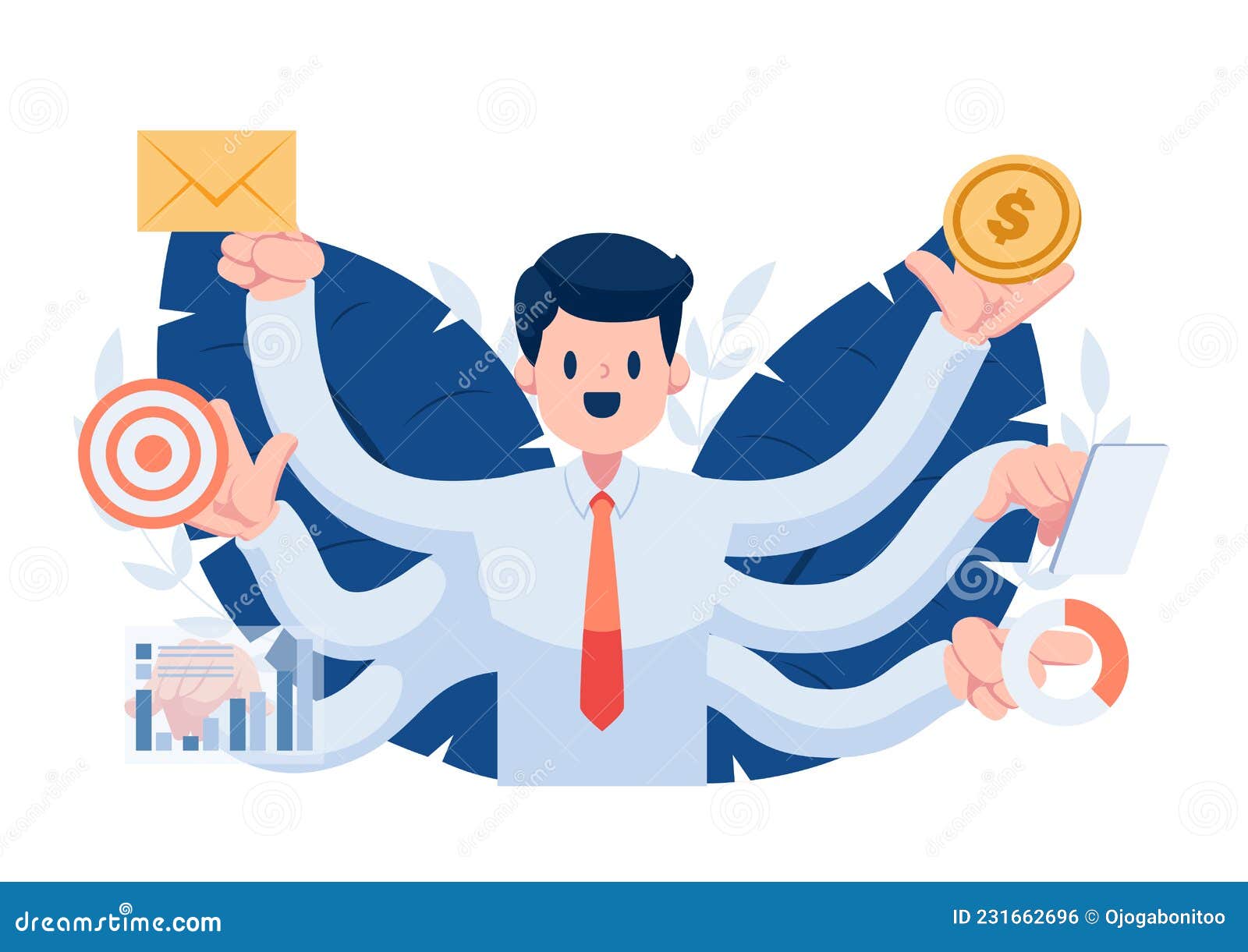 Businessman with Many Hands Doing Many Work Simultaneously Stock Vector ...