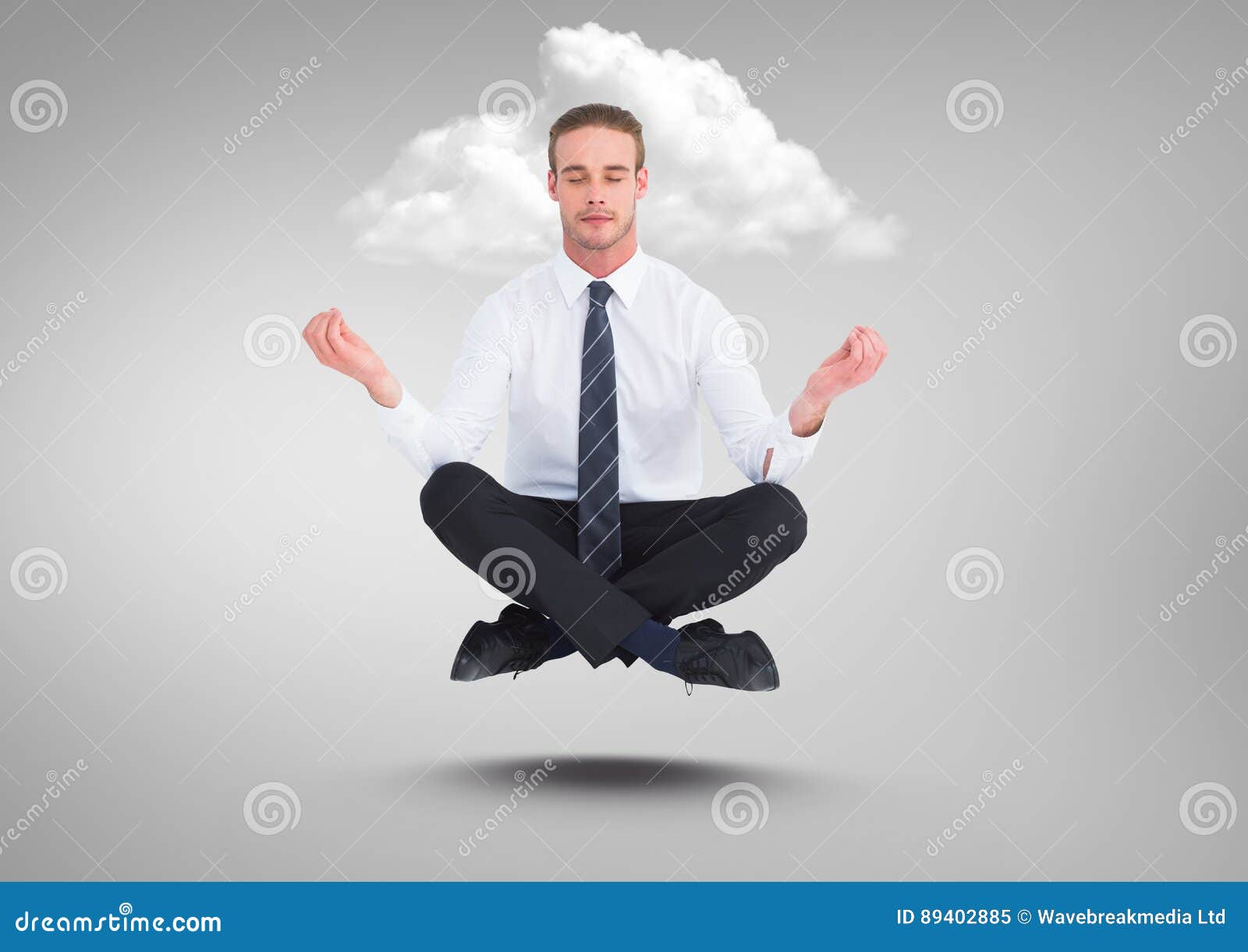 Businessman Meditating Floating Against Grey Background with Cloud ...