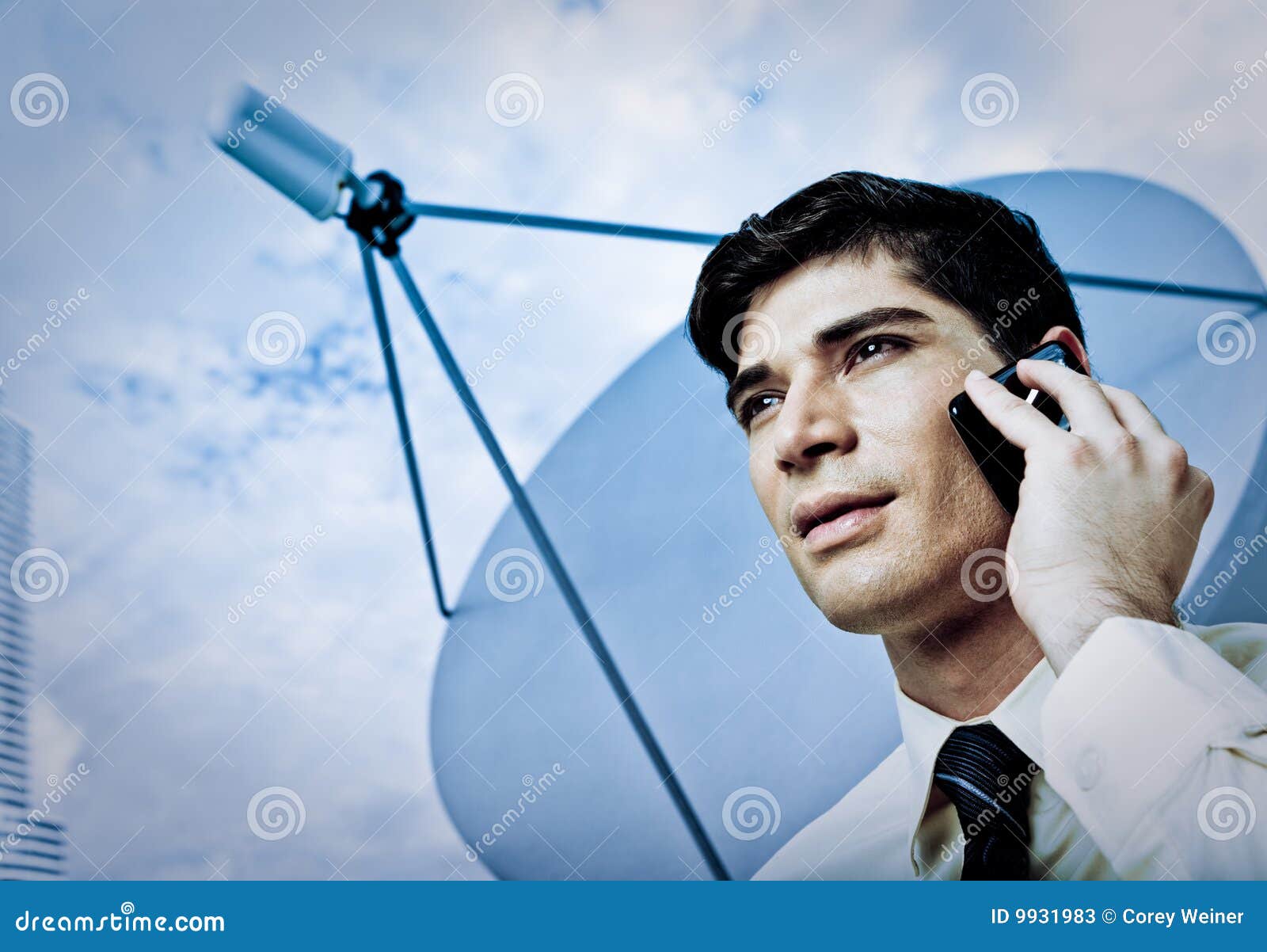 Man on Cellphone by Satellite Dish Stock Image - Image of dish ...