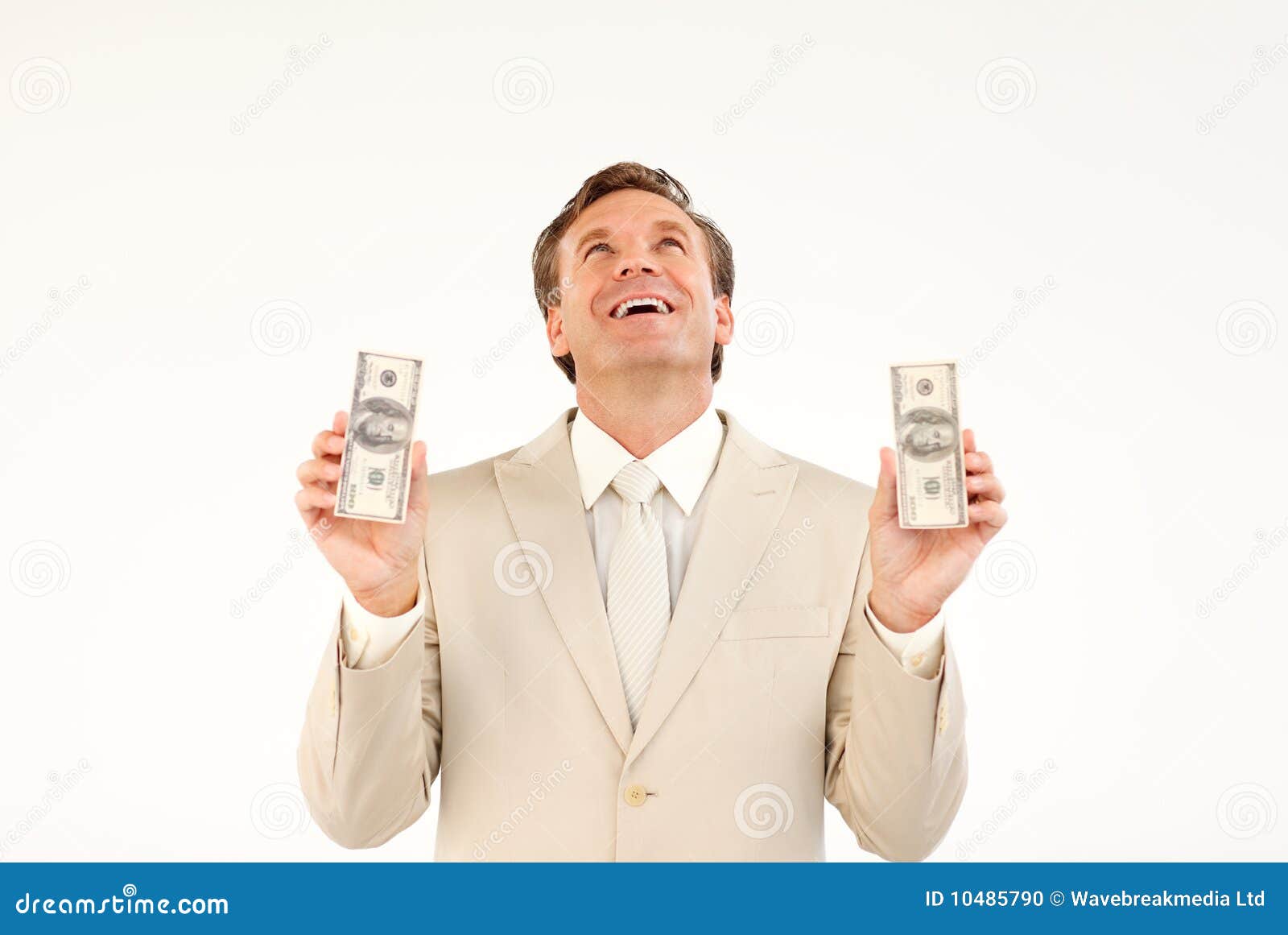 Businessman with Money Looking Upwards Stock Photo - Image of suit ...