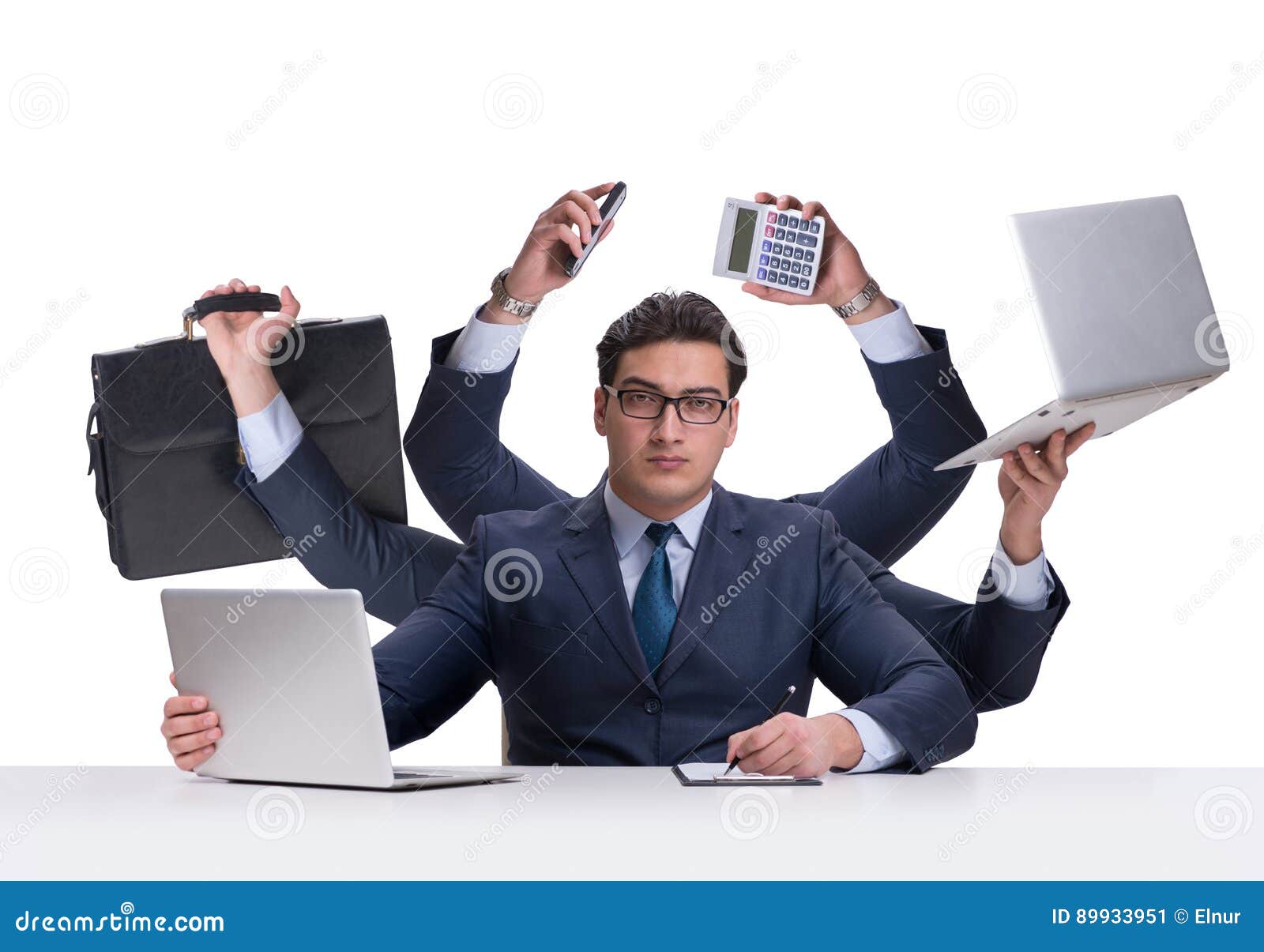 The Businessman in Multitasking Concept Isolated on White Stock Image ...
