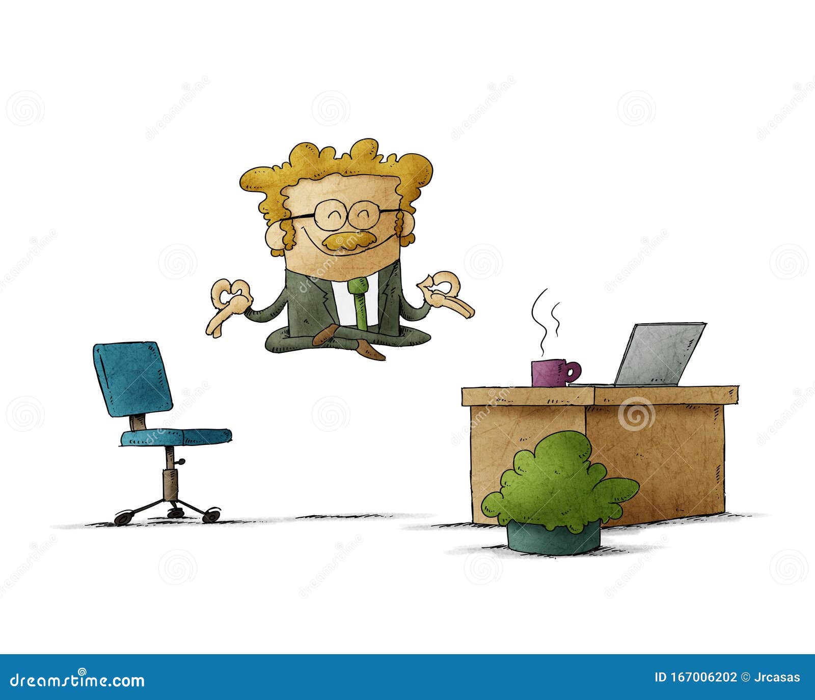Man with Mustache is Floating in Her Office while Relaxing. Isolated ...