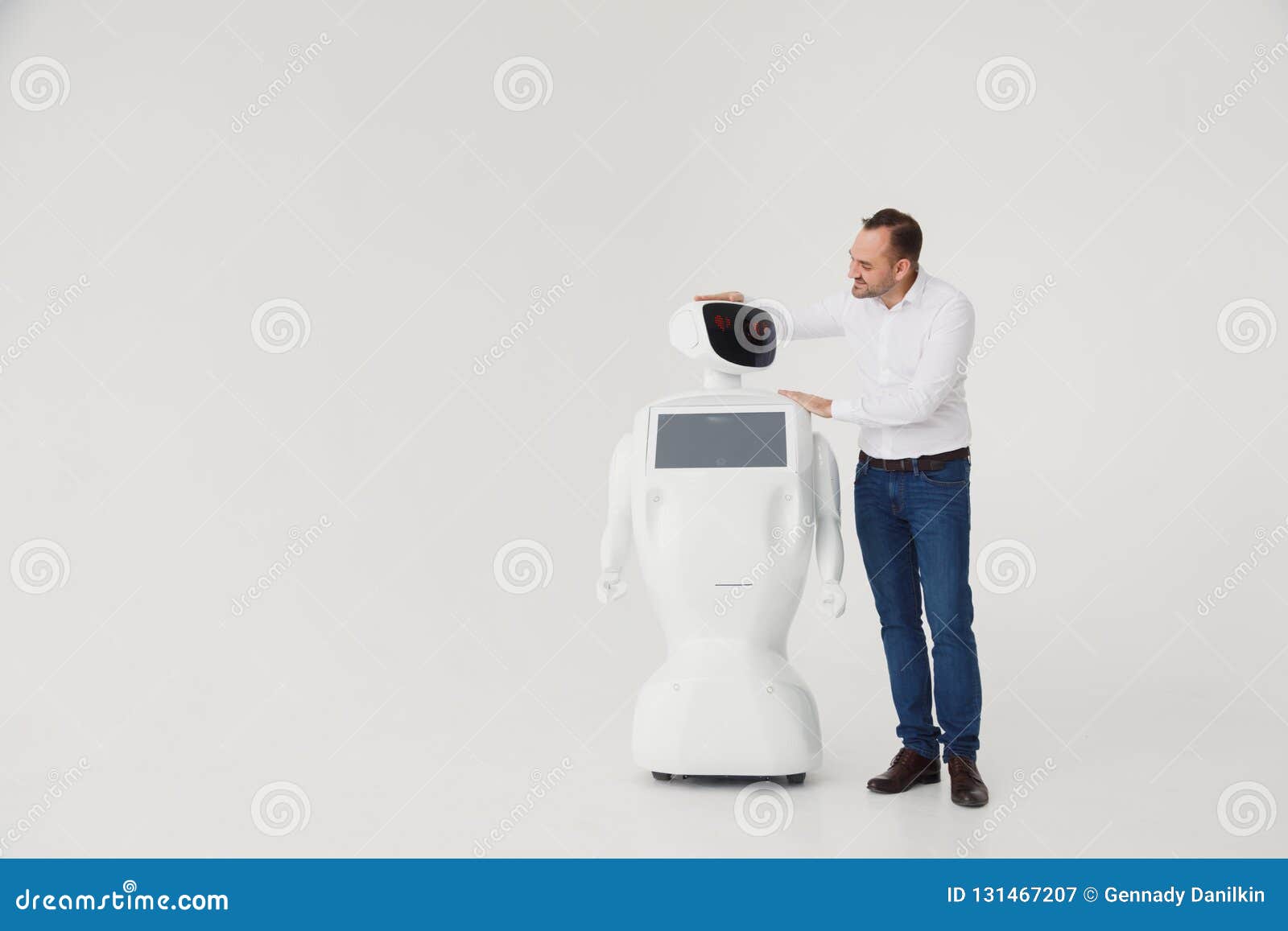 Humanoid Autonomous Robot With Cardboard Box In Hand On White ...