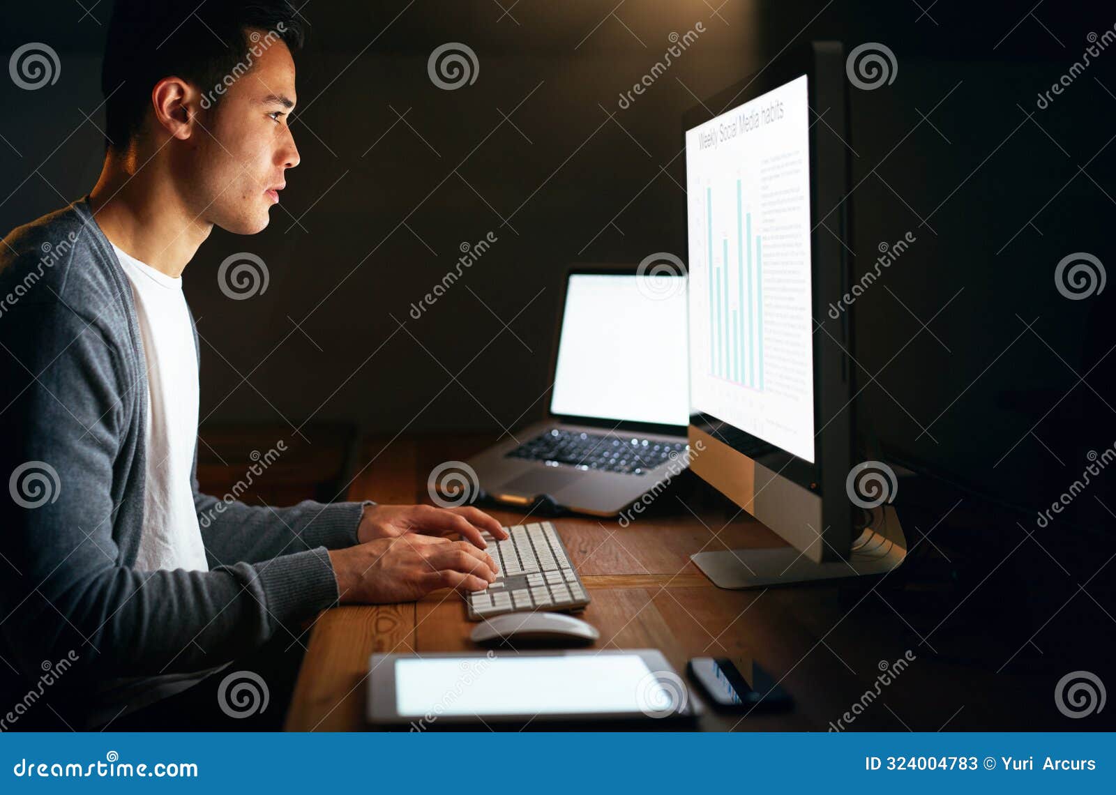 Businessman, Night and Computer in Office with Analytics Screen for ...
