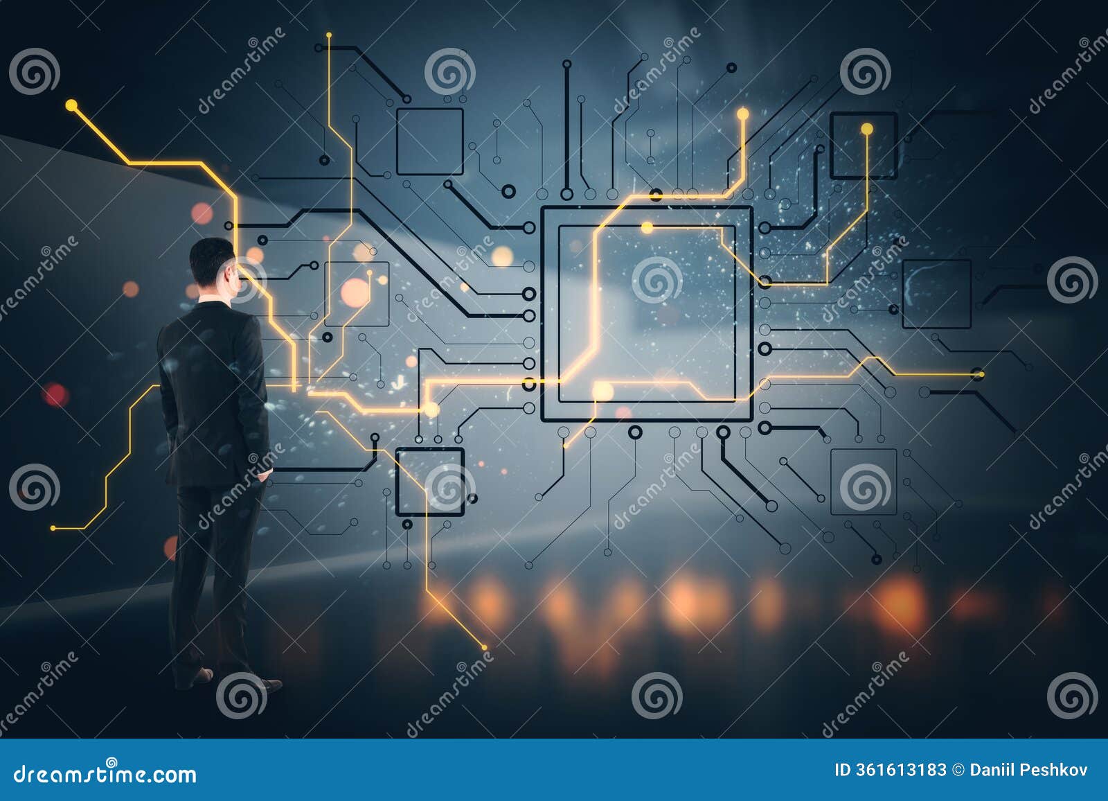 Businessman Observing Glowing Circuit Structure in Futuristic Digital ...