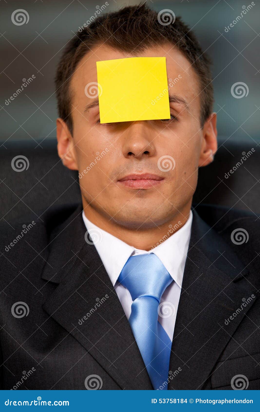 Businessman in Office with Blank Adhesive Note Stuck To Forehead Stock ...
