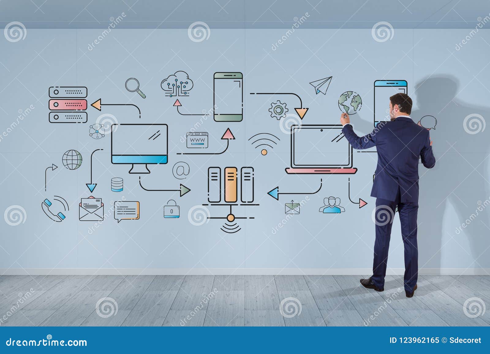 Businessman Drawing Tech Devices and Icons Thin Line Interface O Stock ...