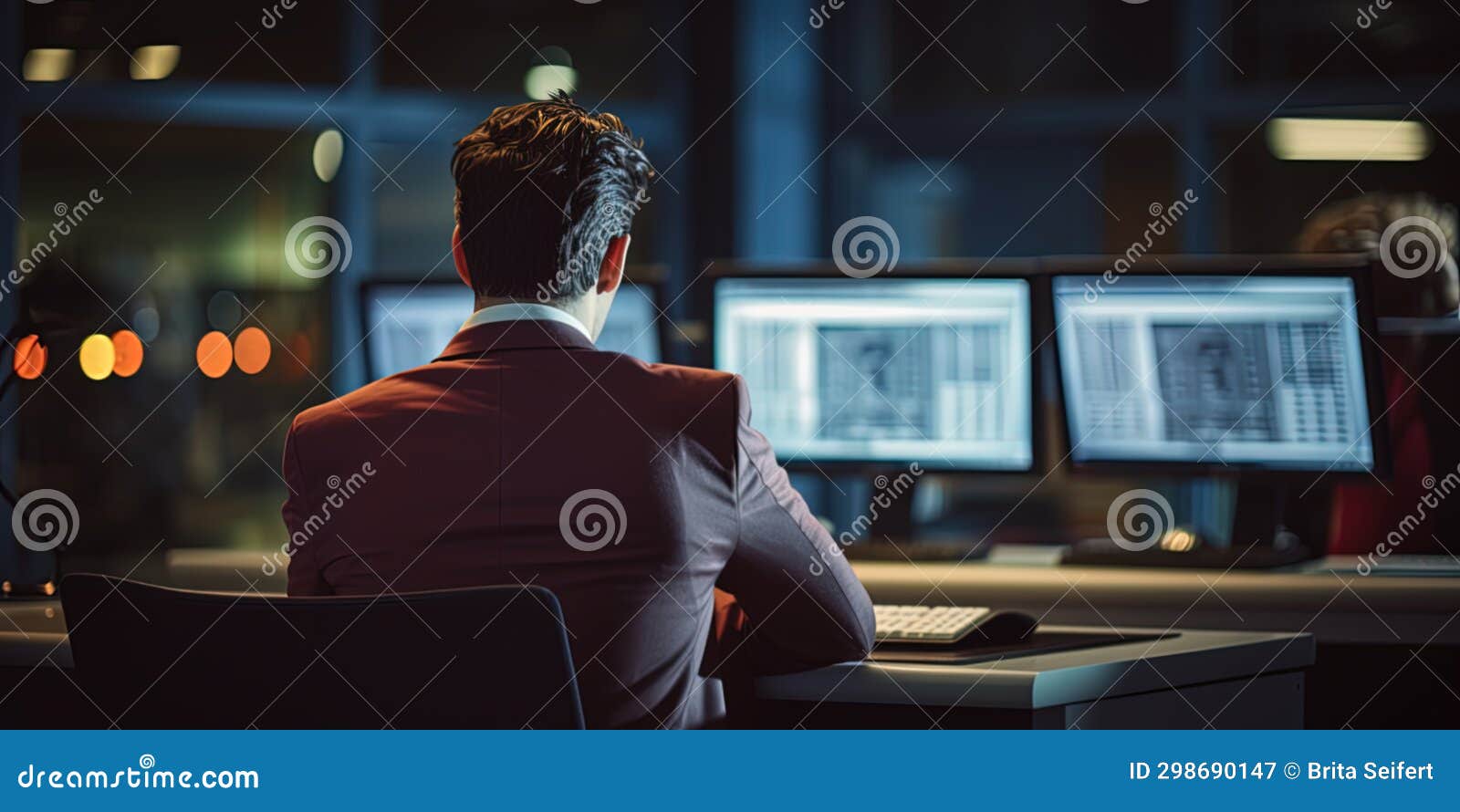 Businessman in an Office with His Back Turned To a Modern Computer ...
