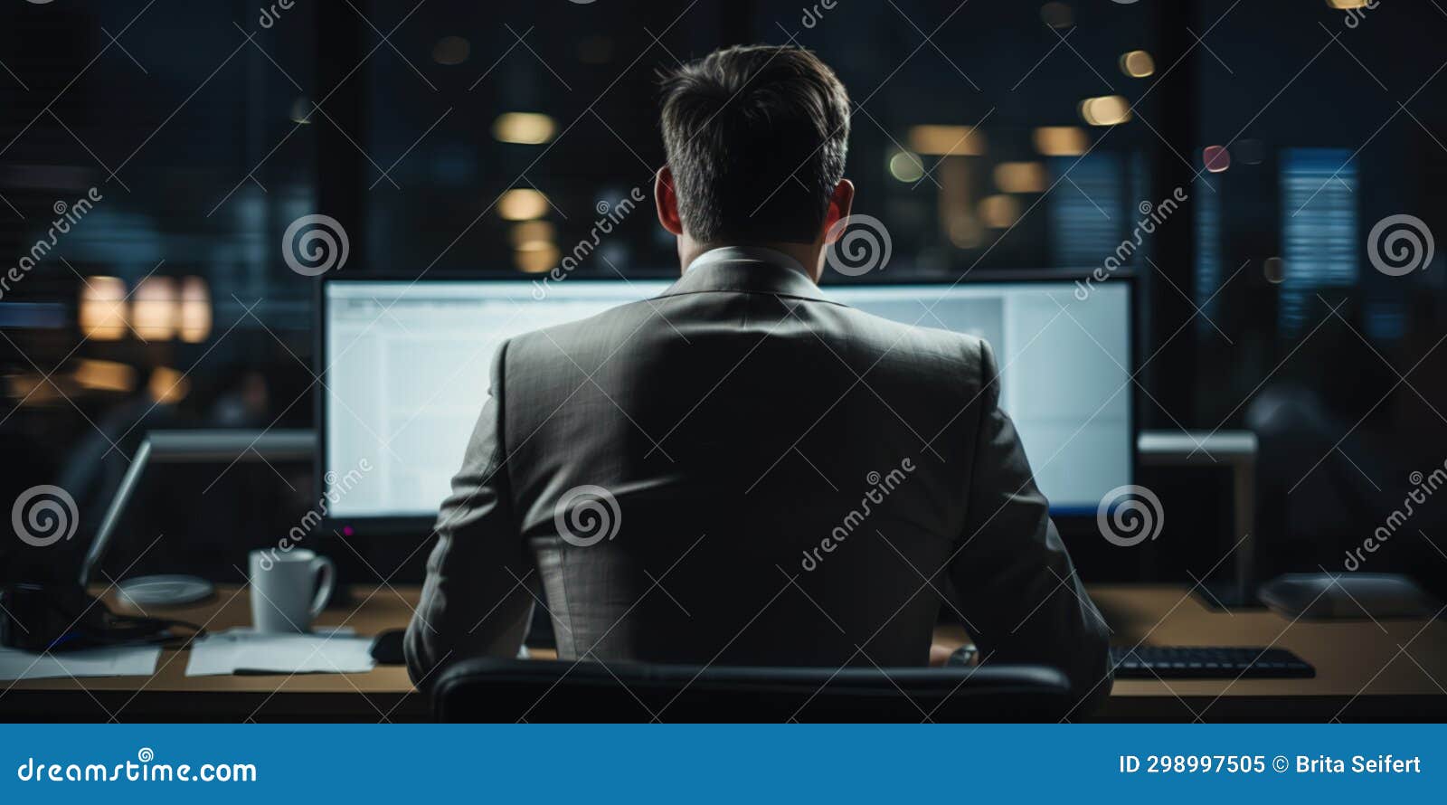 Businessman in an Office with His Back Turned To a Modern Computer ...