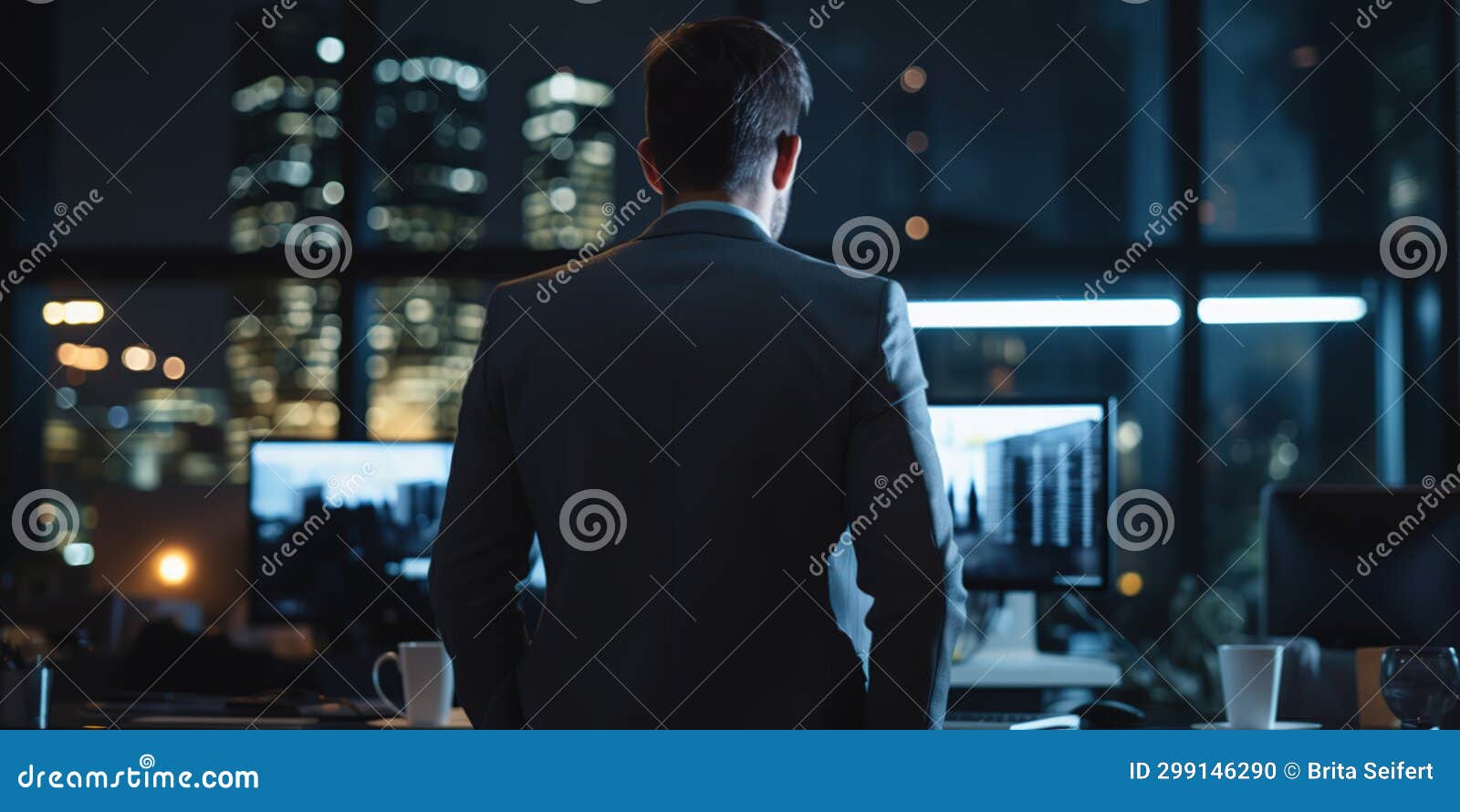 Businessman in an Office with His Back Turned To a Modern Computer ...