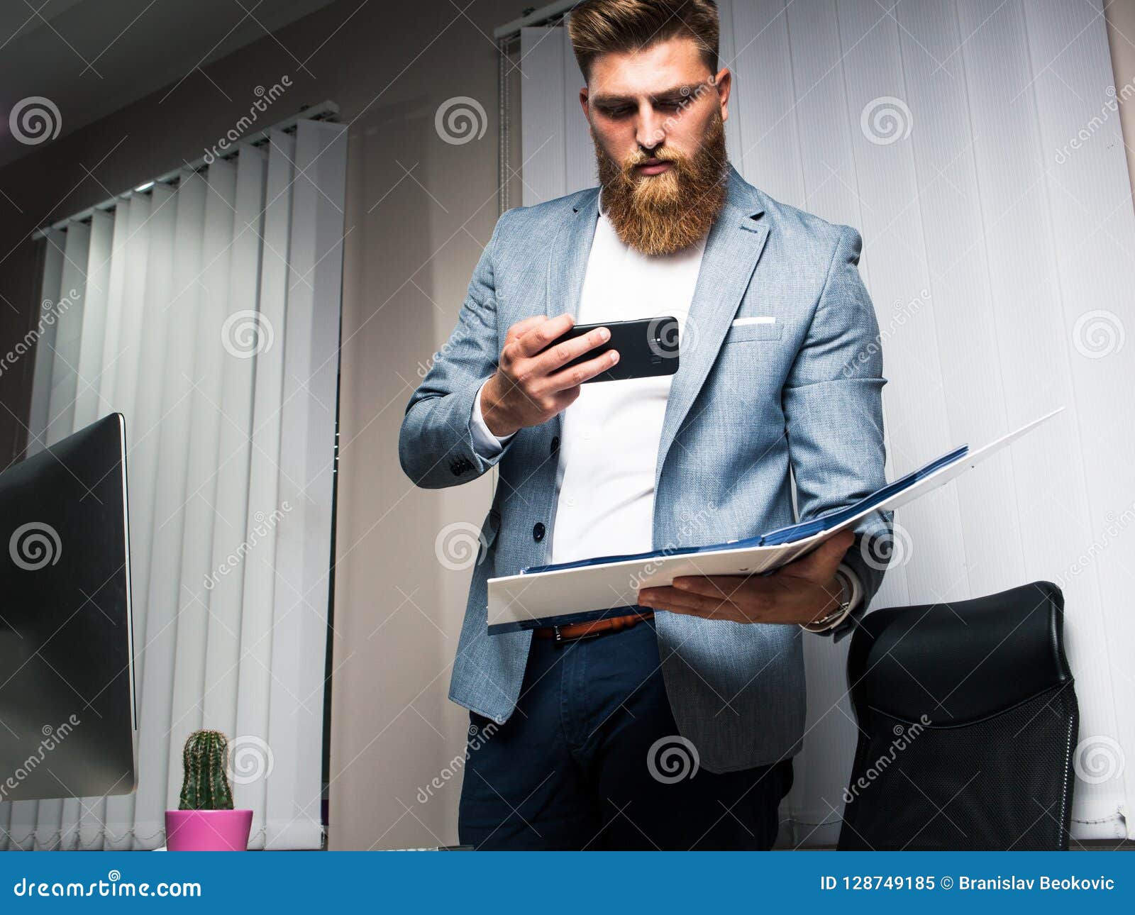 Businessman in Office Late Night Work Taking Photo Stock Image - Image ...