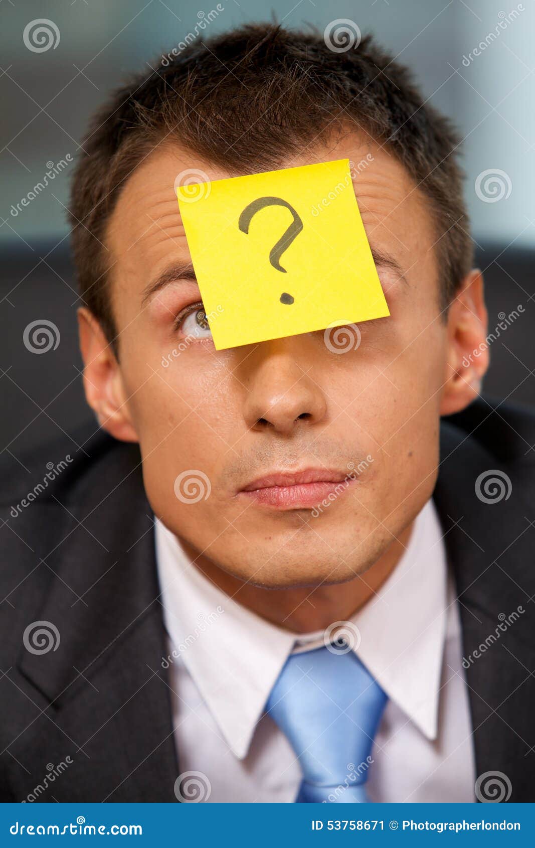Businessman in Office with Question Mark Written on Adhesive Not Stock ...