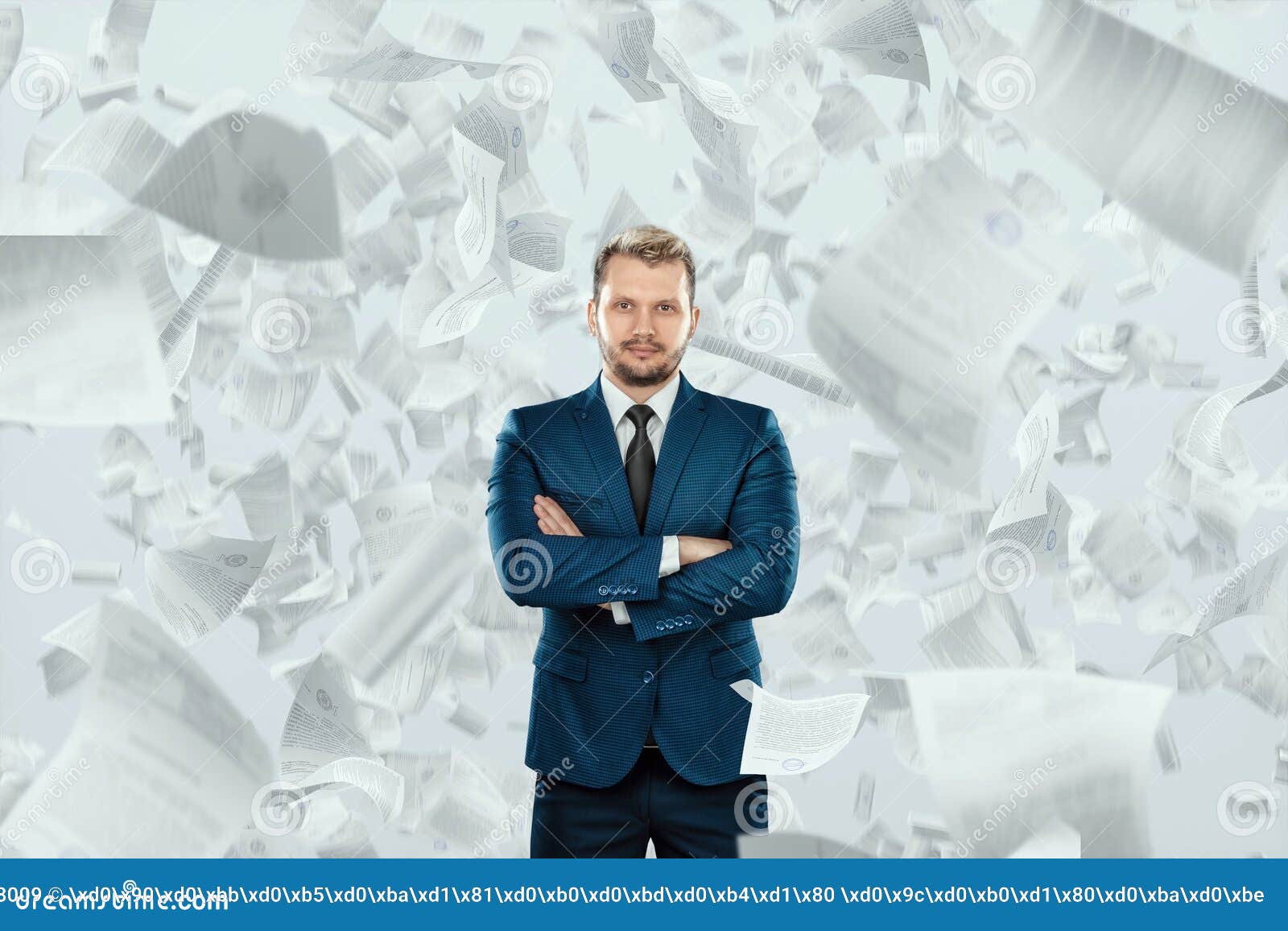 A Businessman, an Office Worker in a Suit Stands Under Falling ...