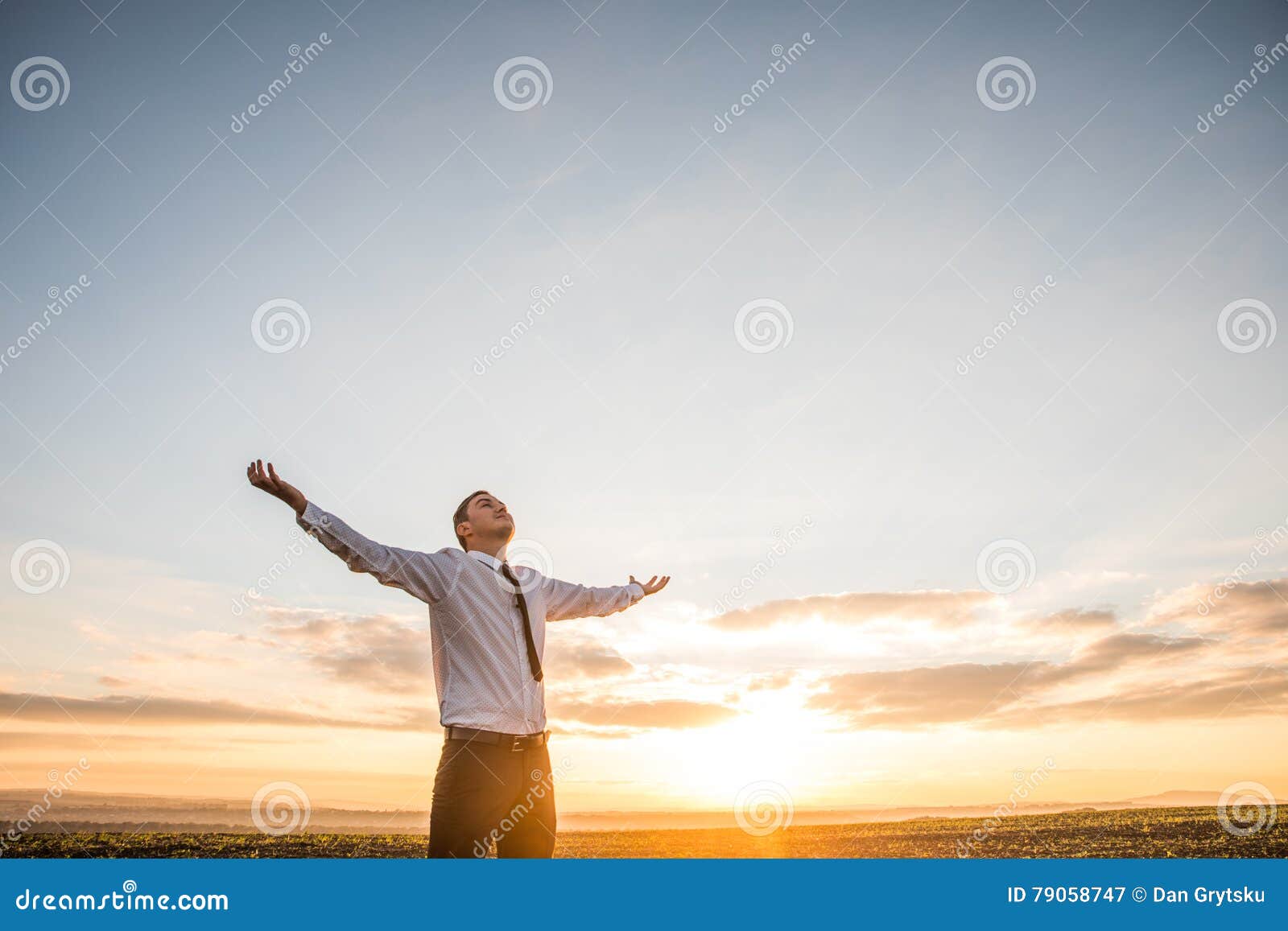 Businessman with Open Arms at the Field on Sunset Stock Image - Image ...