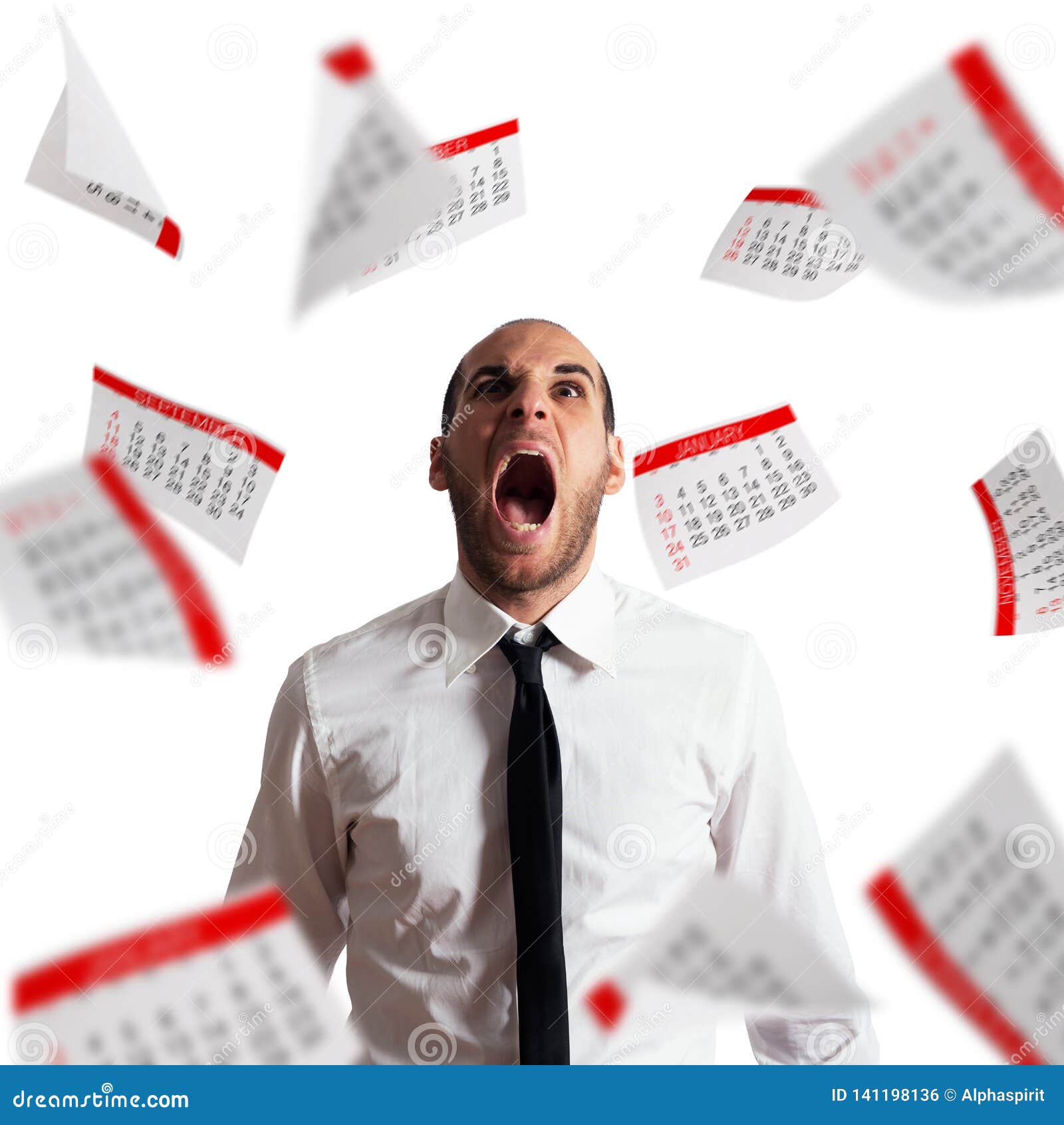 Businessman Stressed and Overworked Screaming in Office with Flying ...