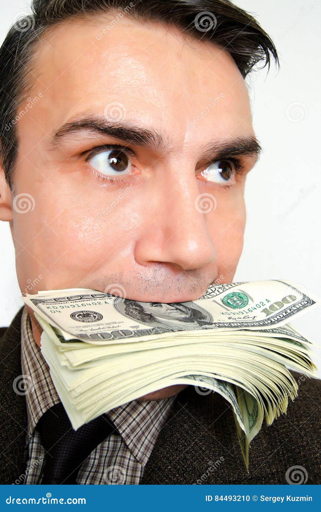 Businessman with Pack of Dollars in a Mouth. Stock Photo - Image of ...