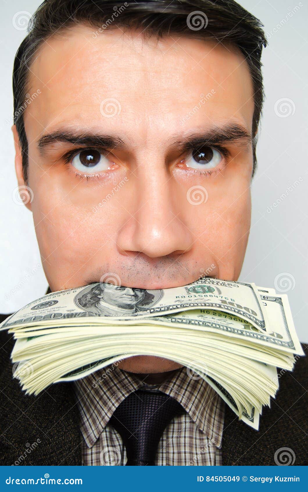 Businessman with Pack of Dollars in a Mouth. Stock Image - Image of ...