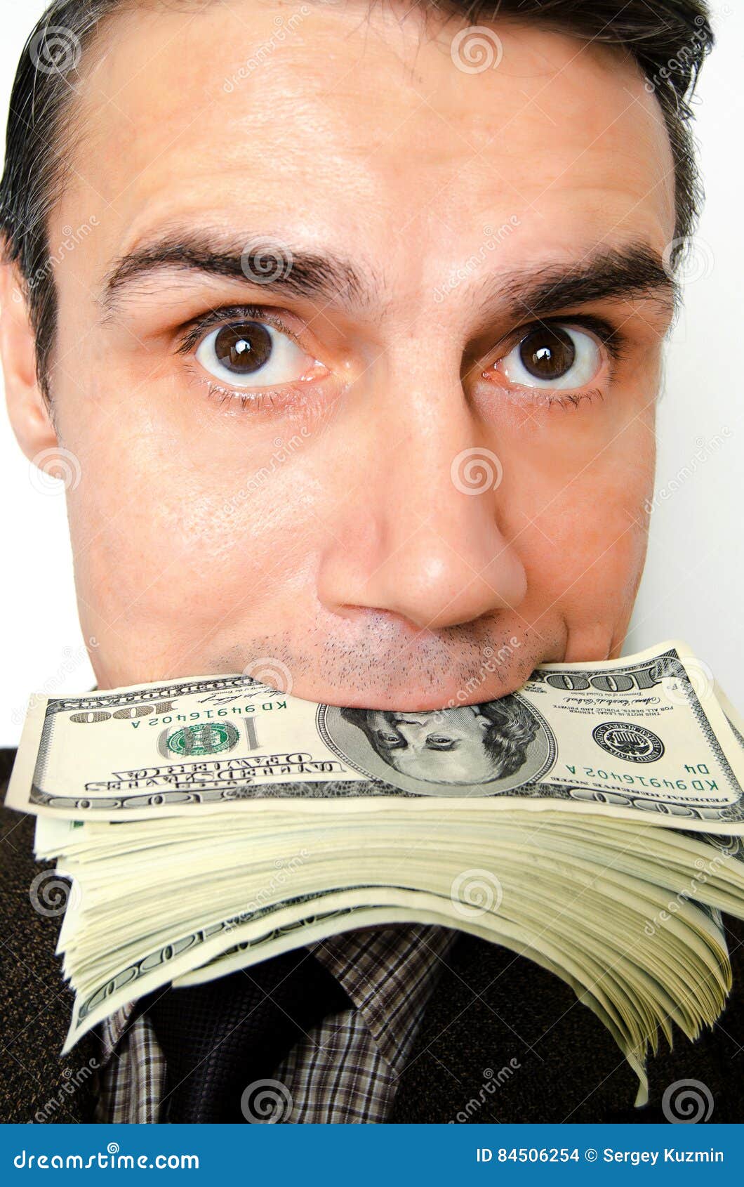 Businessman with Pack of Dollars in a Mouth. Stock Photo - Image of ...