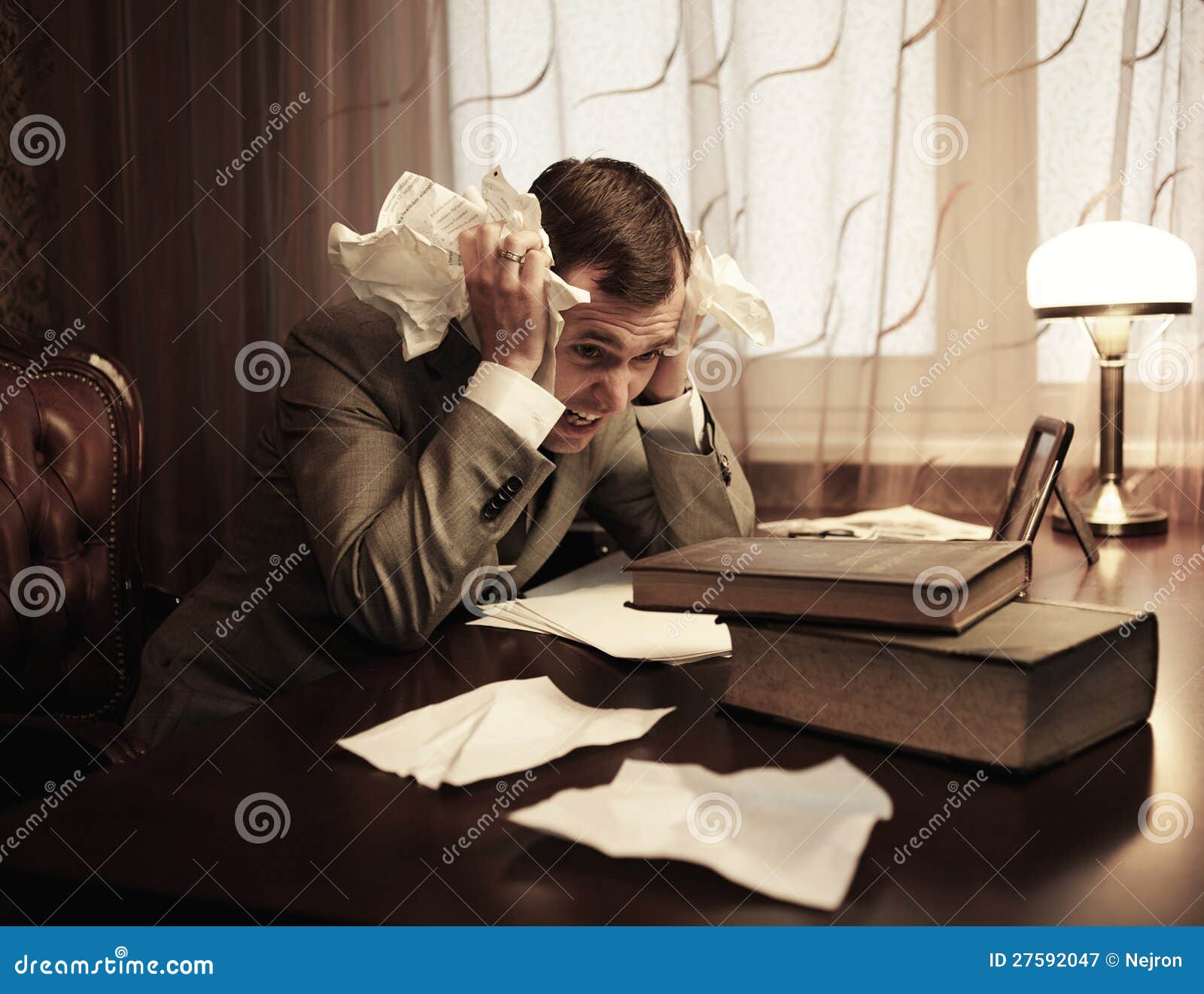 Businessman in Panic Behind Table Stock Image - Image of money ...