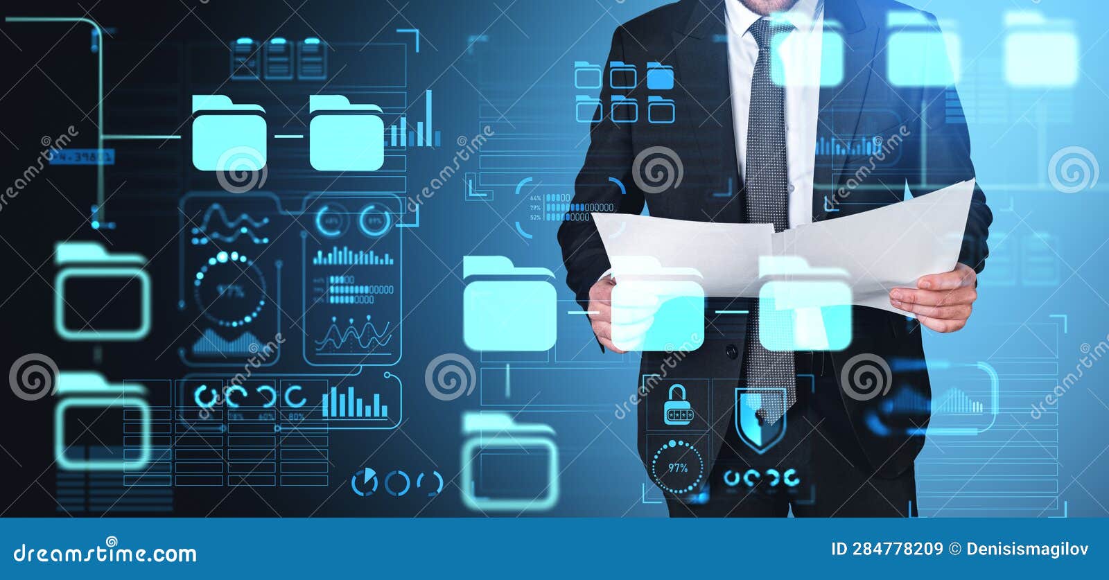 Businessman with Papers, Document Management System Hologram with ...