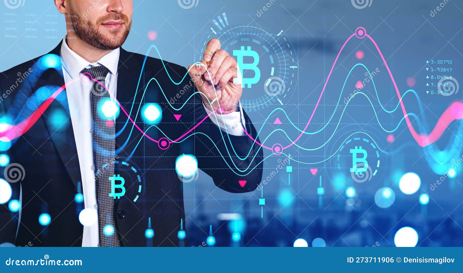 Businessman with Pen Drawing on Bitcoin Graph, Digital Financial Chart ...