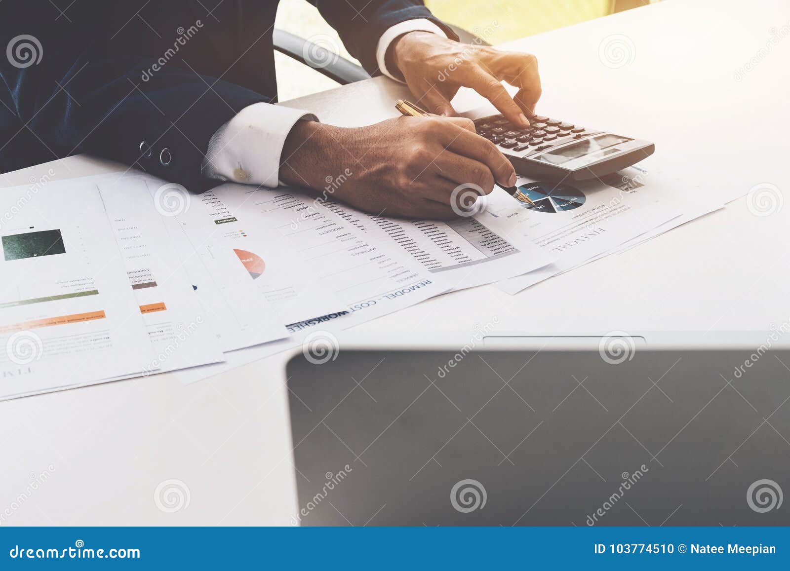 Businessman Pen Pointing Graph Chart while Using a Calculator an Stock ...