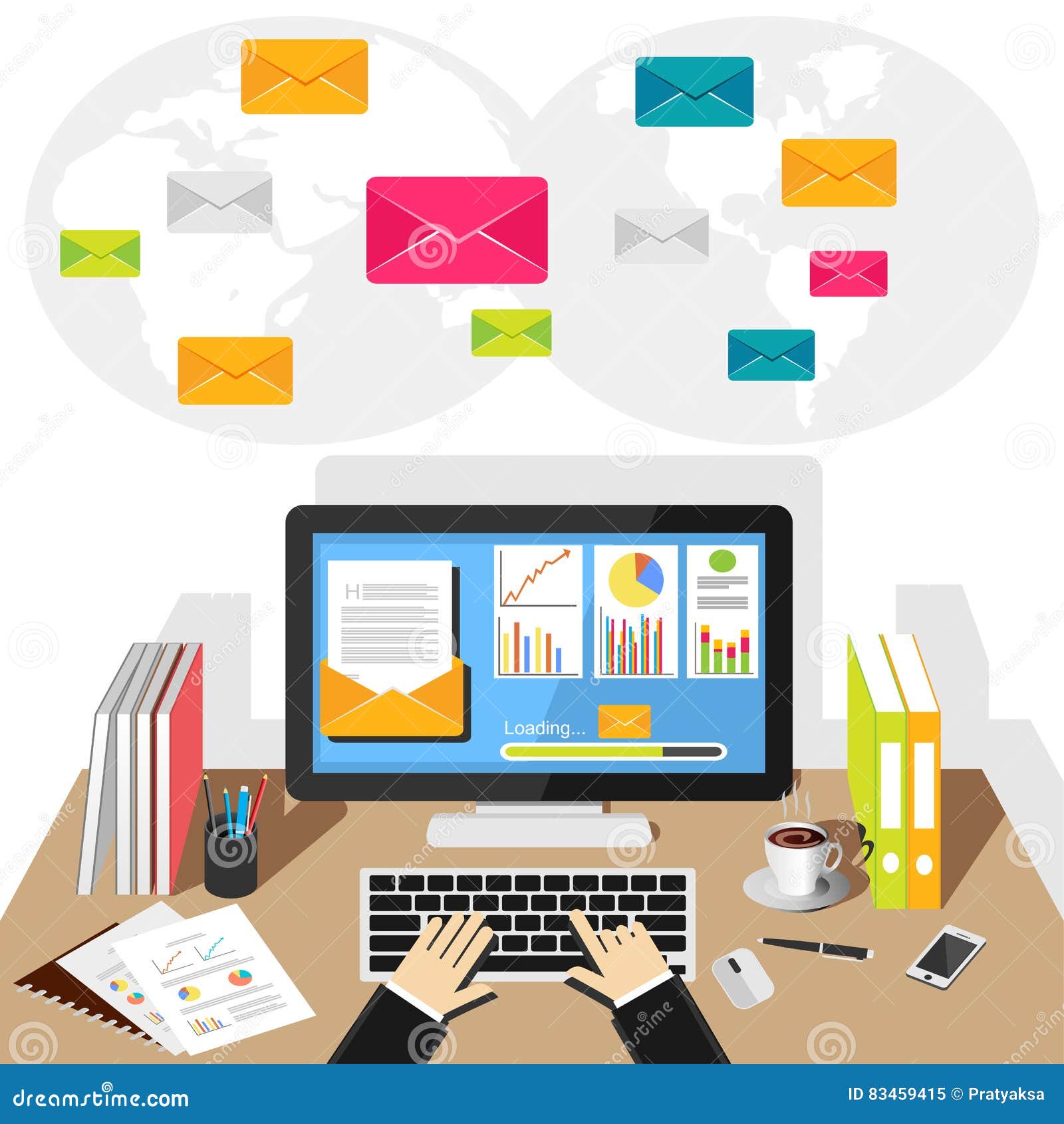 Businessman Person Sending the E-mail from Computer. E-mail Marketing ...