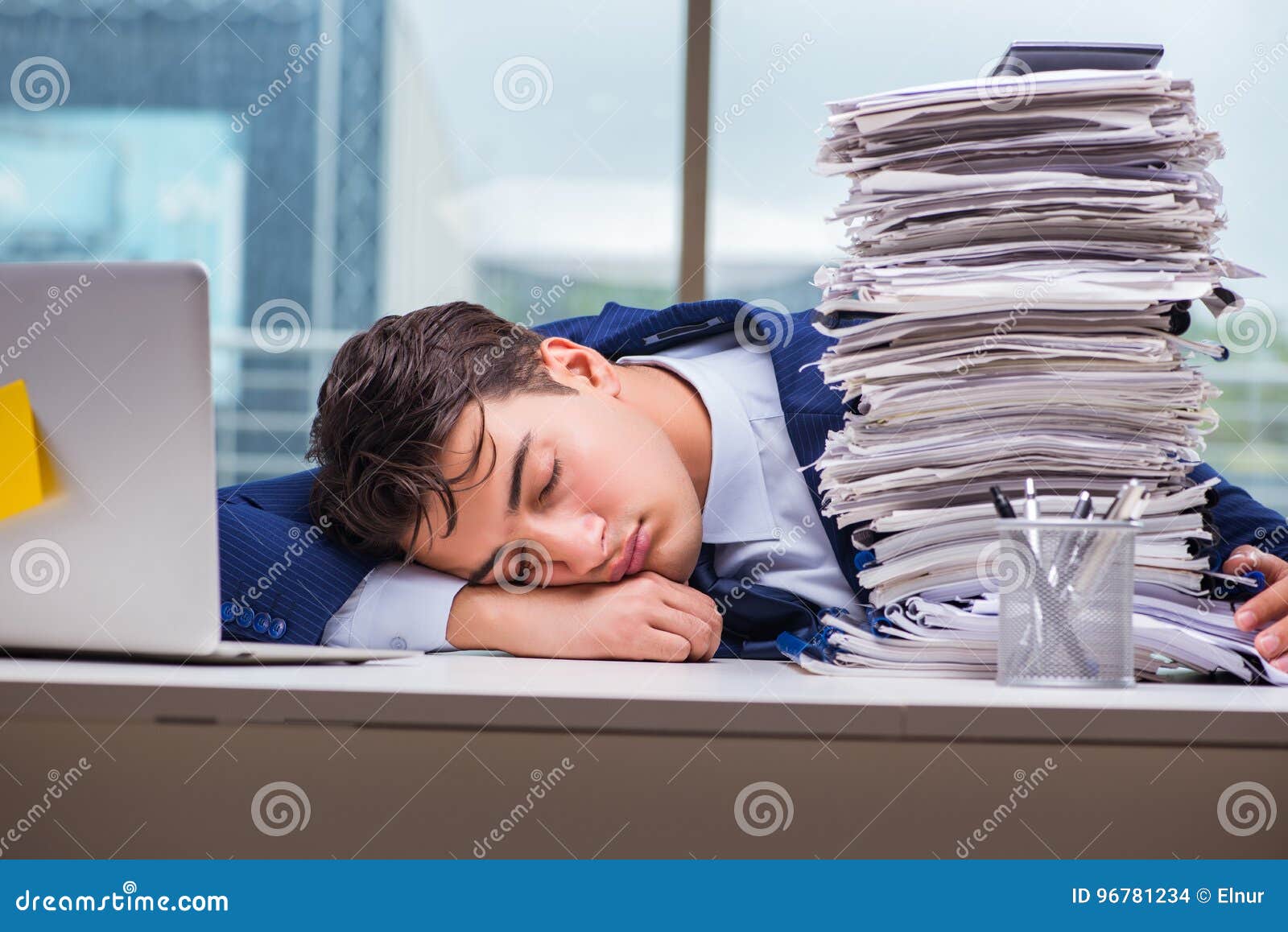 The Businessman with Pile Stack of Paper Paperwork in the Office Stock ...