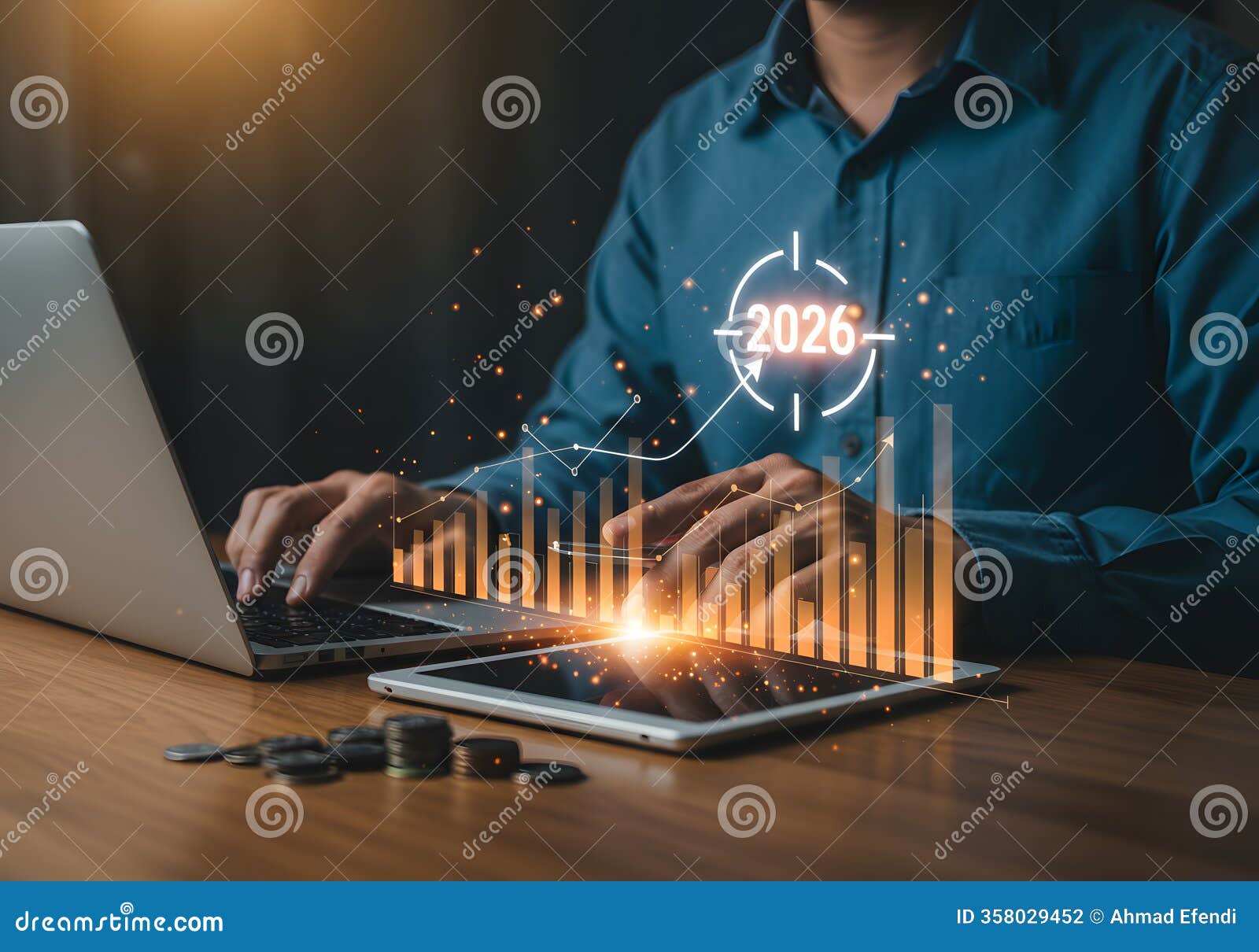 Businessman Planning 2026 Financial Goals Using Laptop and Tablet with ...