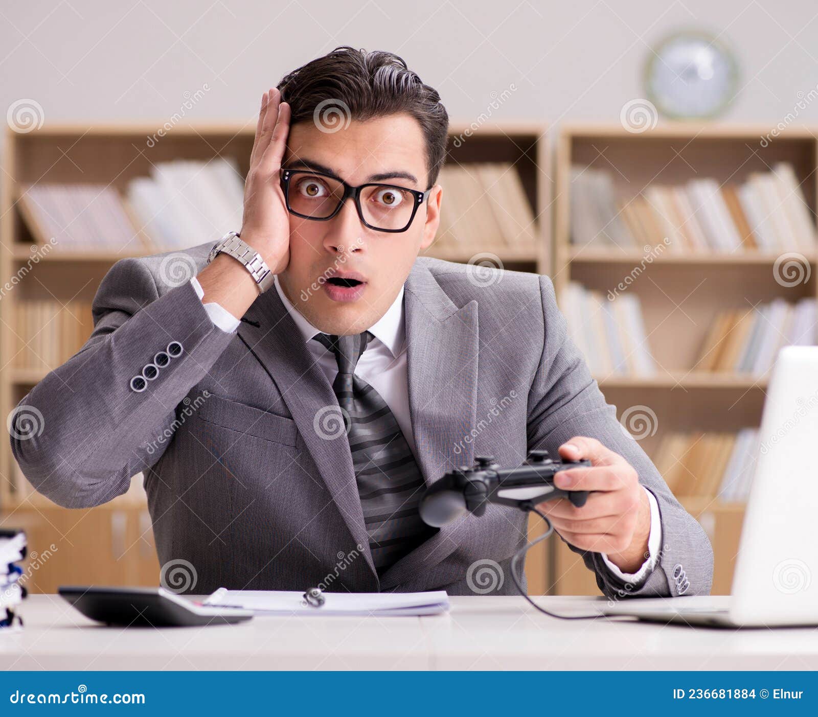 Businessman Playing Computer Games at Work Office Stock Photo - Image ...