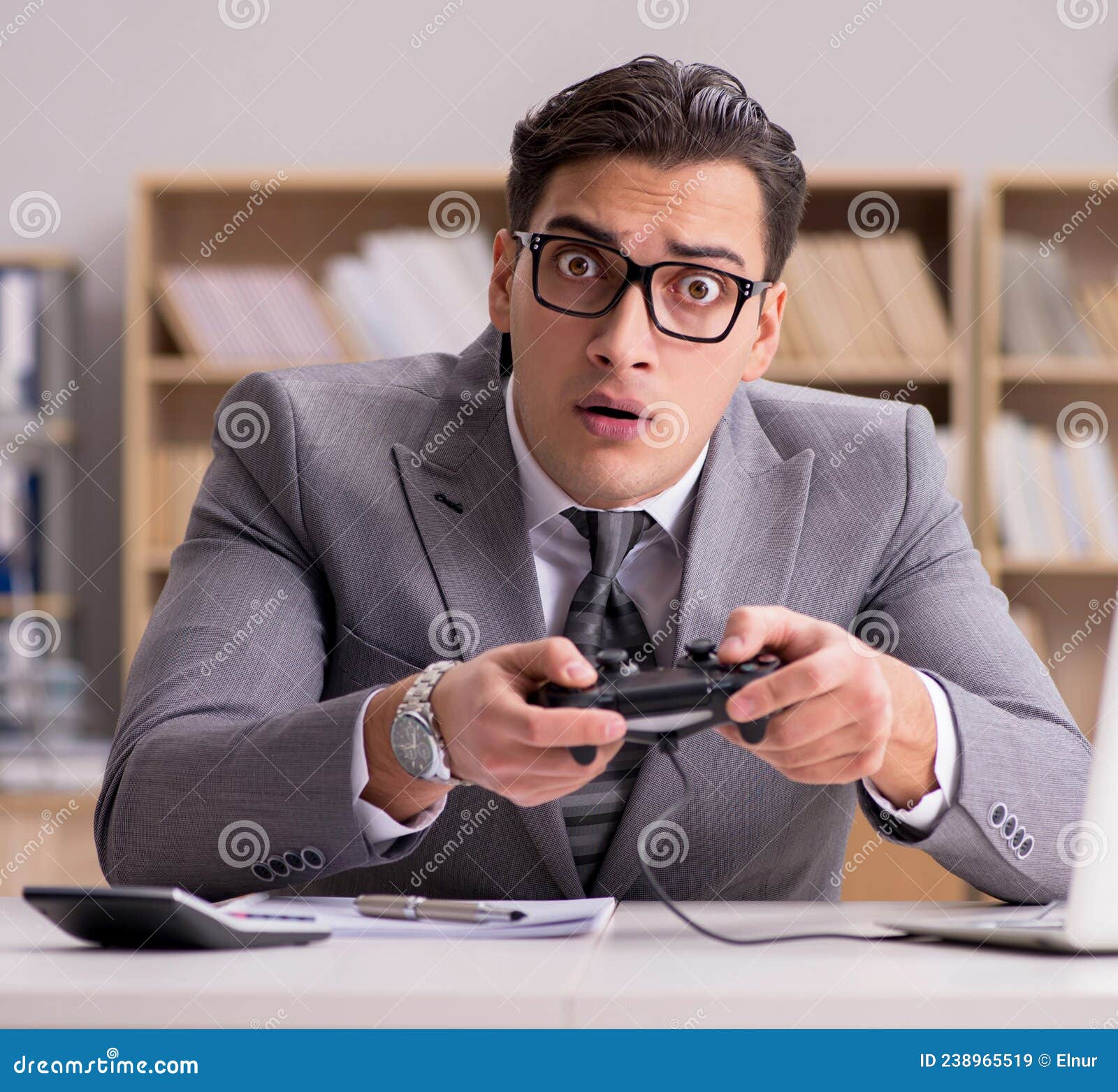 Businessman Playing Computer Games at Work Office Stock Image - Image ...