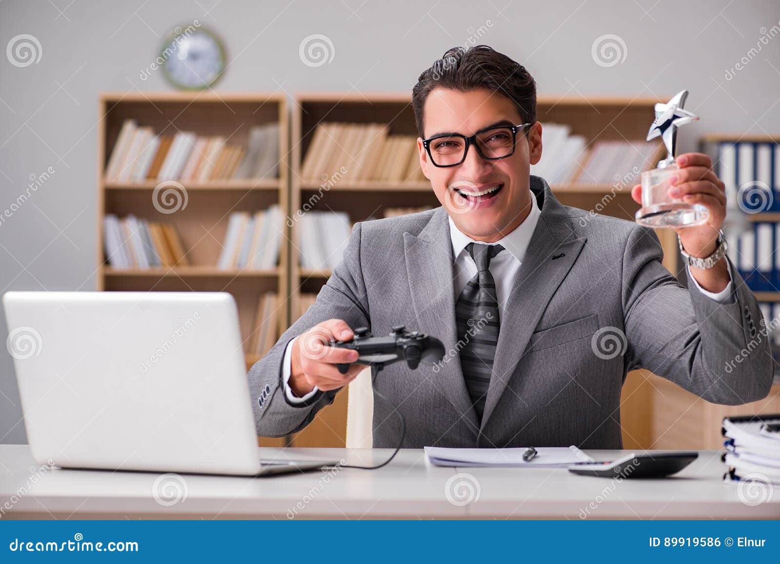 The Businessman Playing Computer Games at Work Office Stock Photo ...