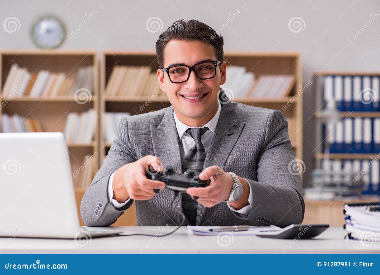 The Businessman Playing Computer Games at Work Office Stock Image ...